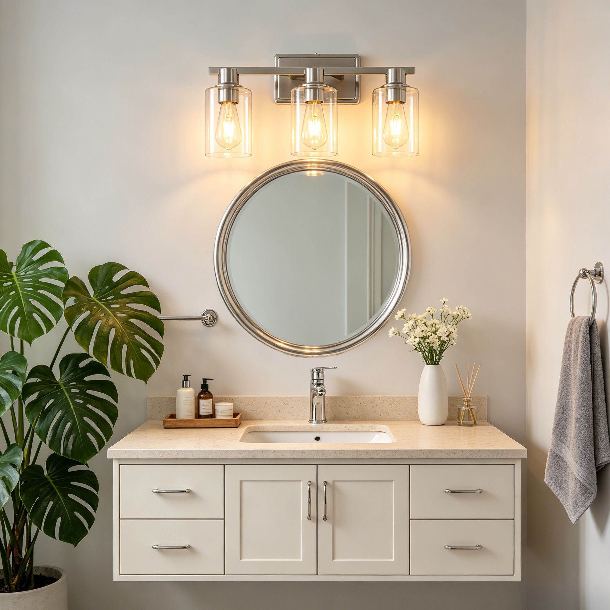 Lanmate 3-Light Nickel Dimmable Bathroom Vanity Light Modern Cylinder ...