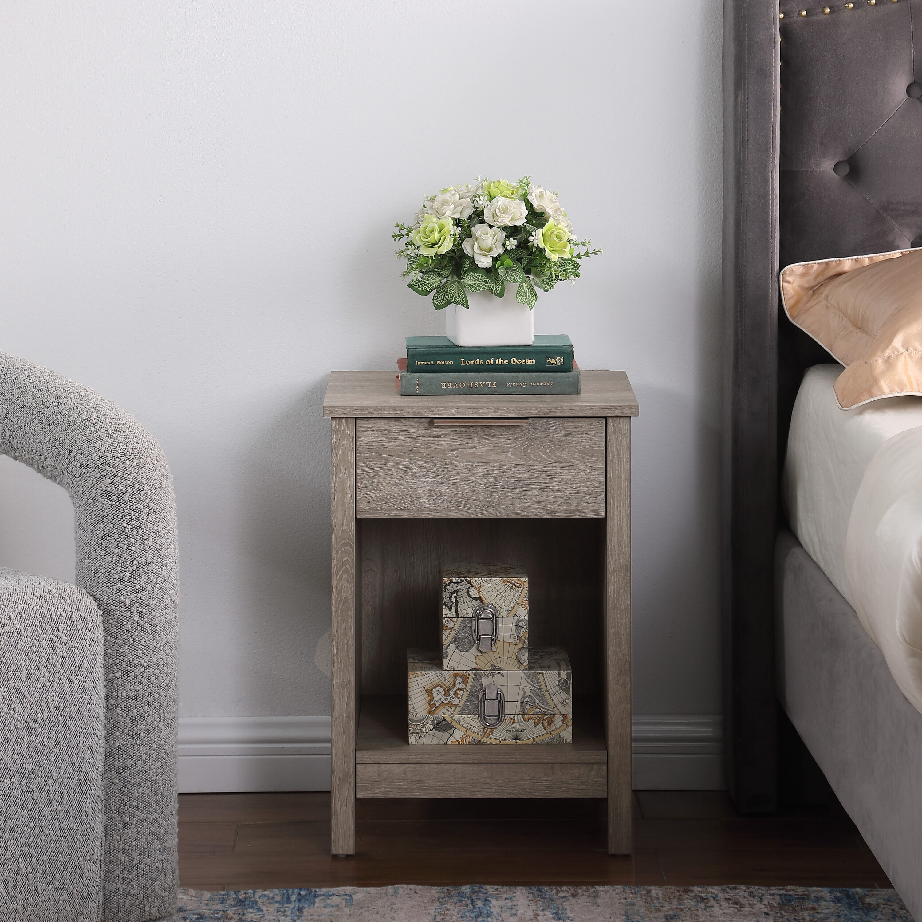 LUXEYARD Nightstand with Drawer Open Shelf Sturdy Frames Metal Handle ...