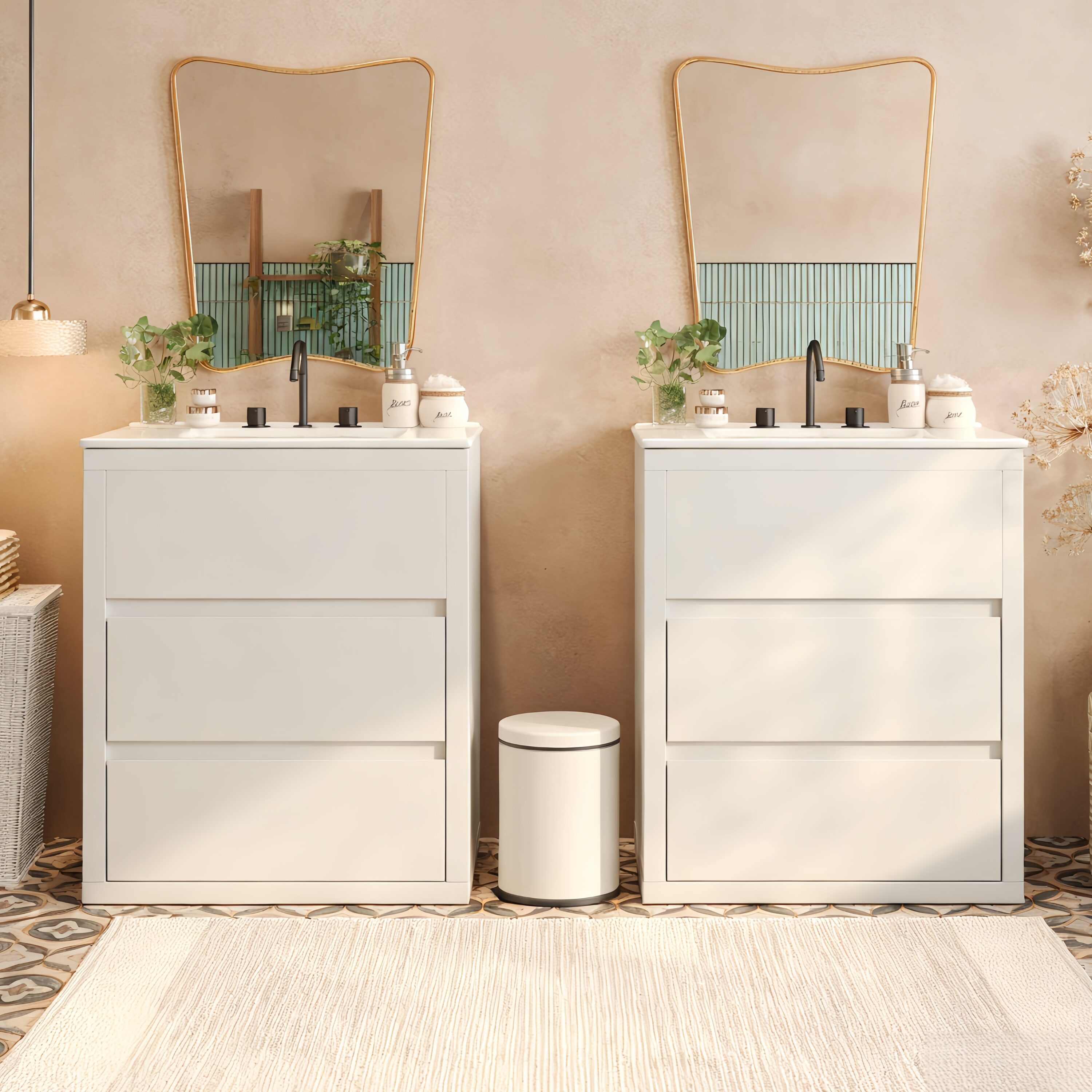 Afhocomp 60 in. Double Sink Freestanding White Bath Vanity with White ...