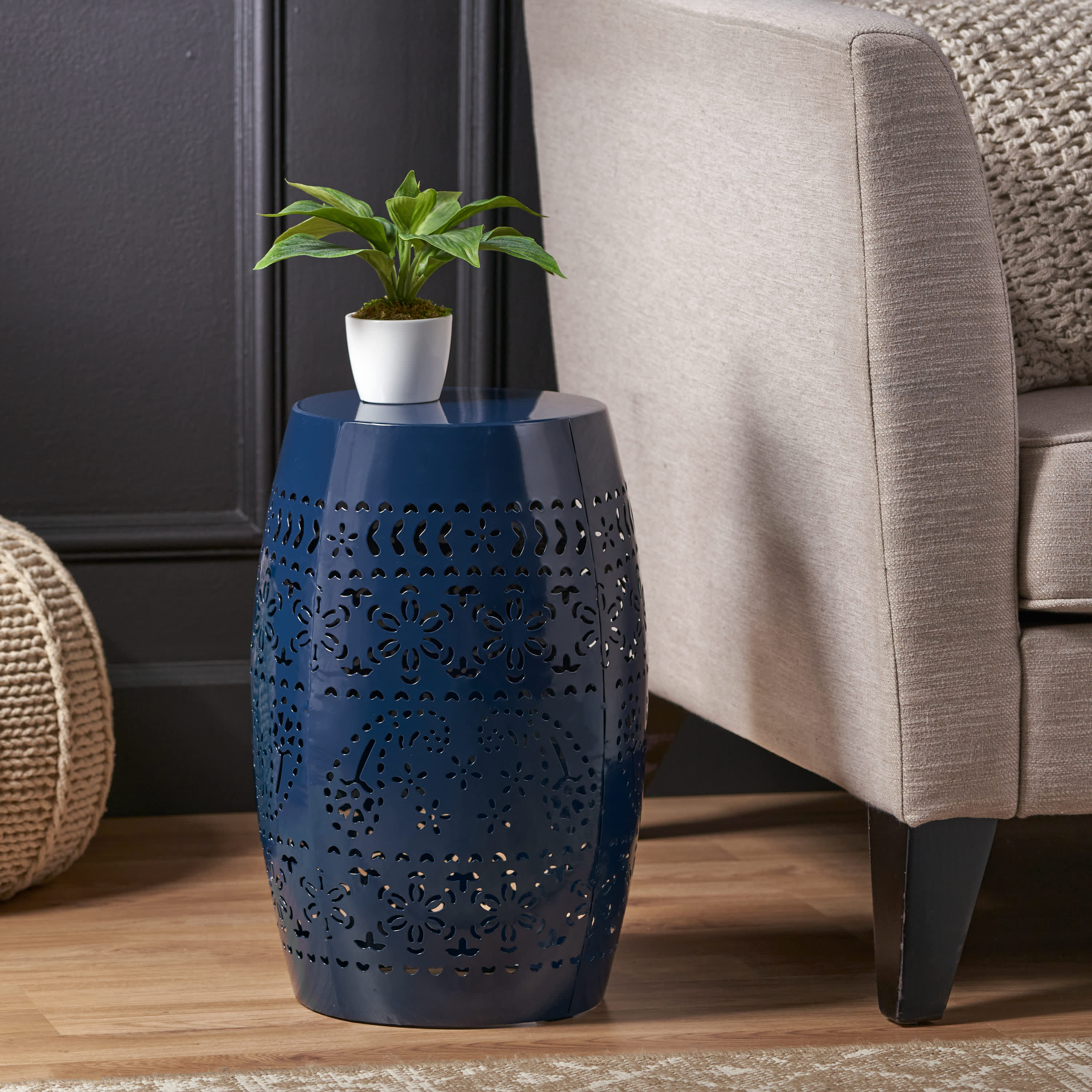 Vynxaria Ruby 18 in Navy Barrel Shape Metal Side Table with Lace Cut ...