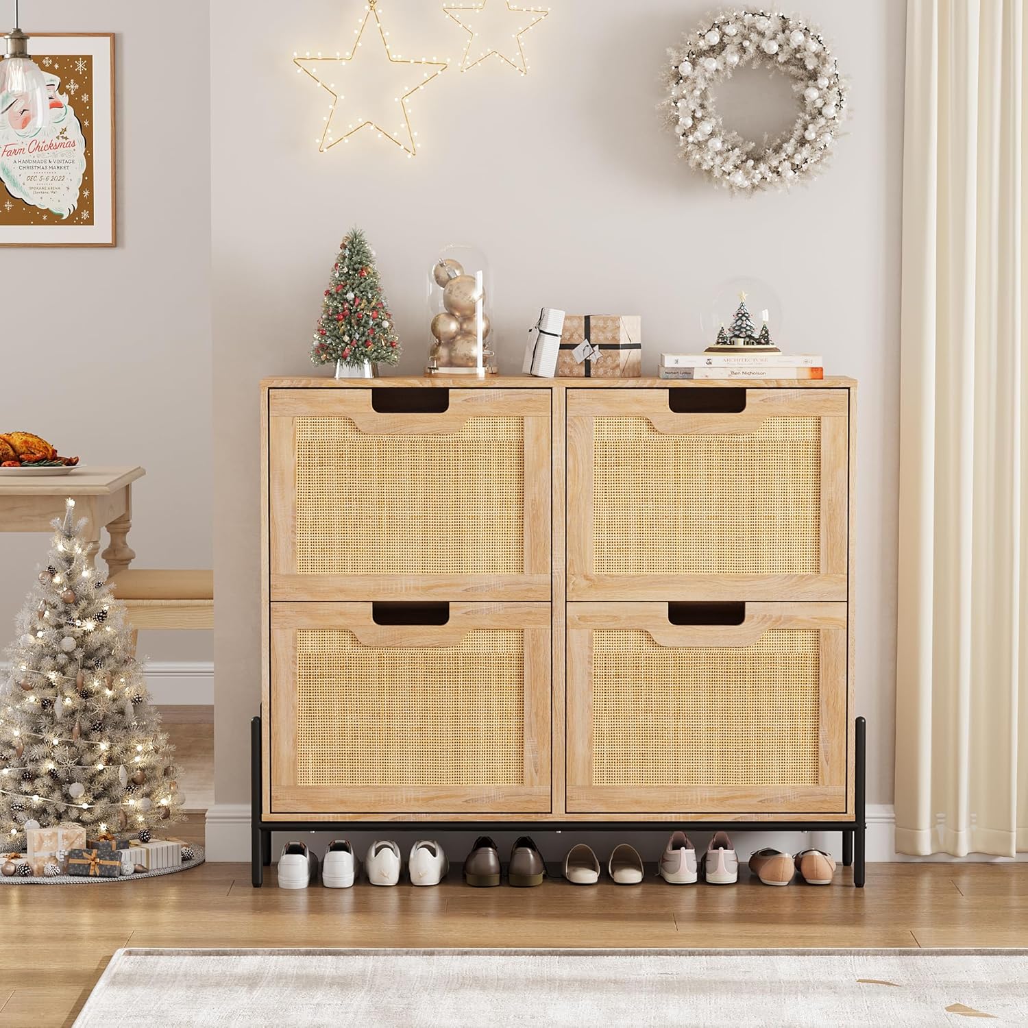 Qeetex Natural Rattan Shoe Storage Cabinet Modern Hidden Shoe Rack with ...