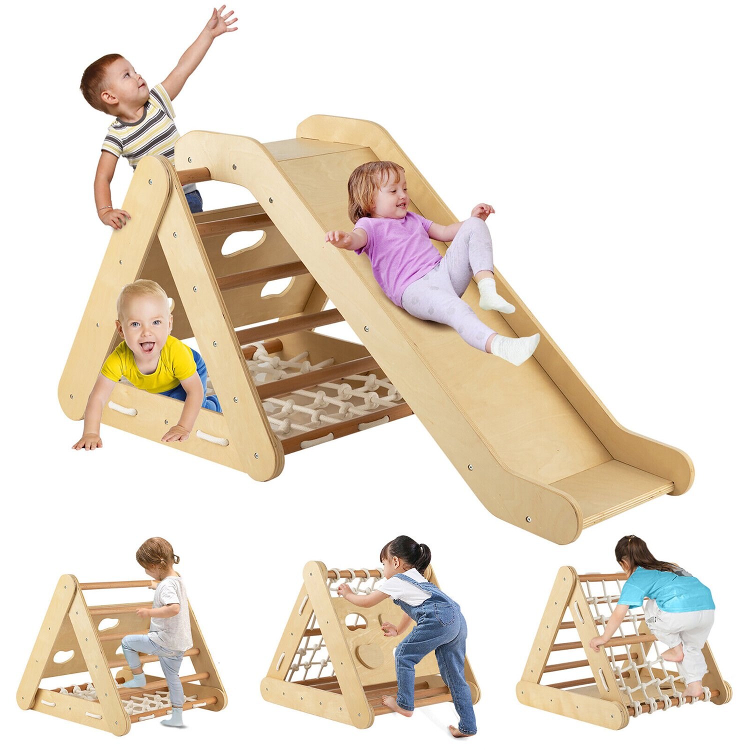 Costway 4 in 1 Wooden Climbing Triangle Set Triangle Climber with Ramp ...