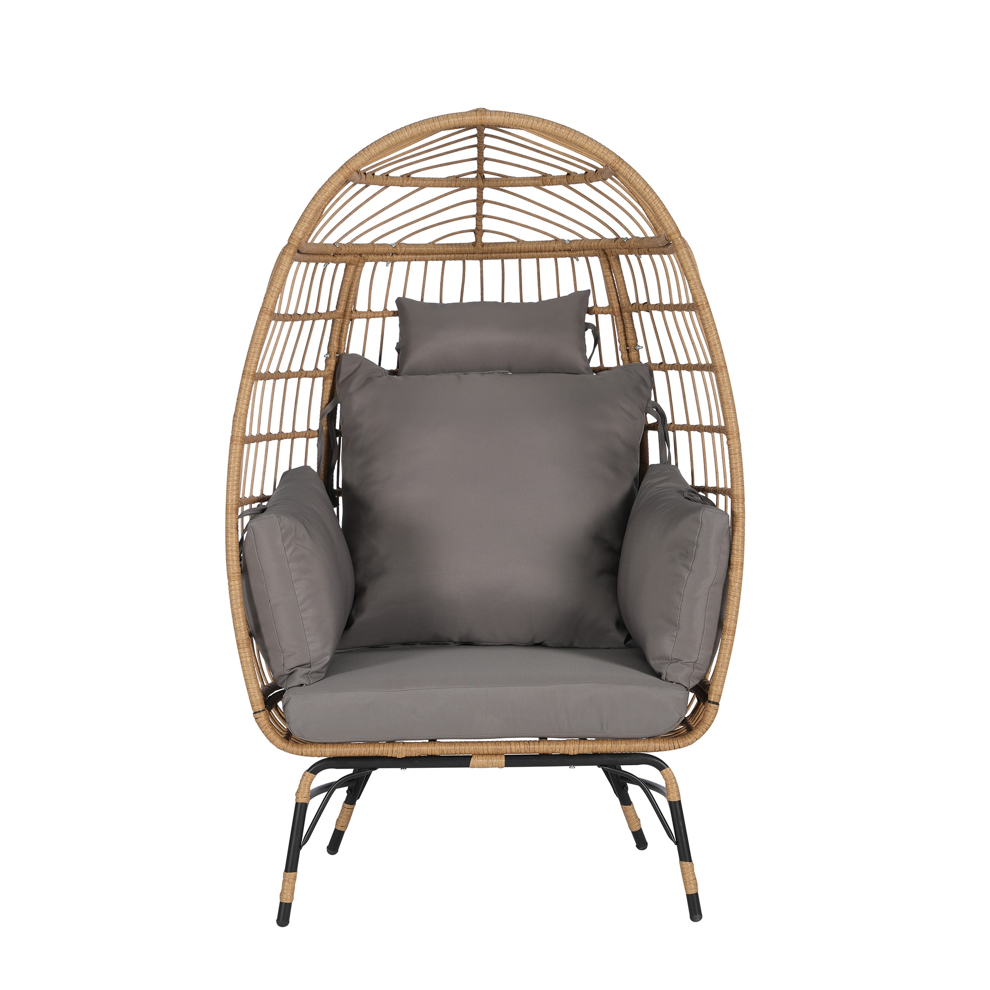 SINOFURN Wicker Brown Metal Frame Stationary Egg Chair with Gray ...