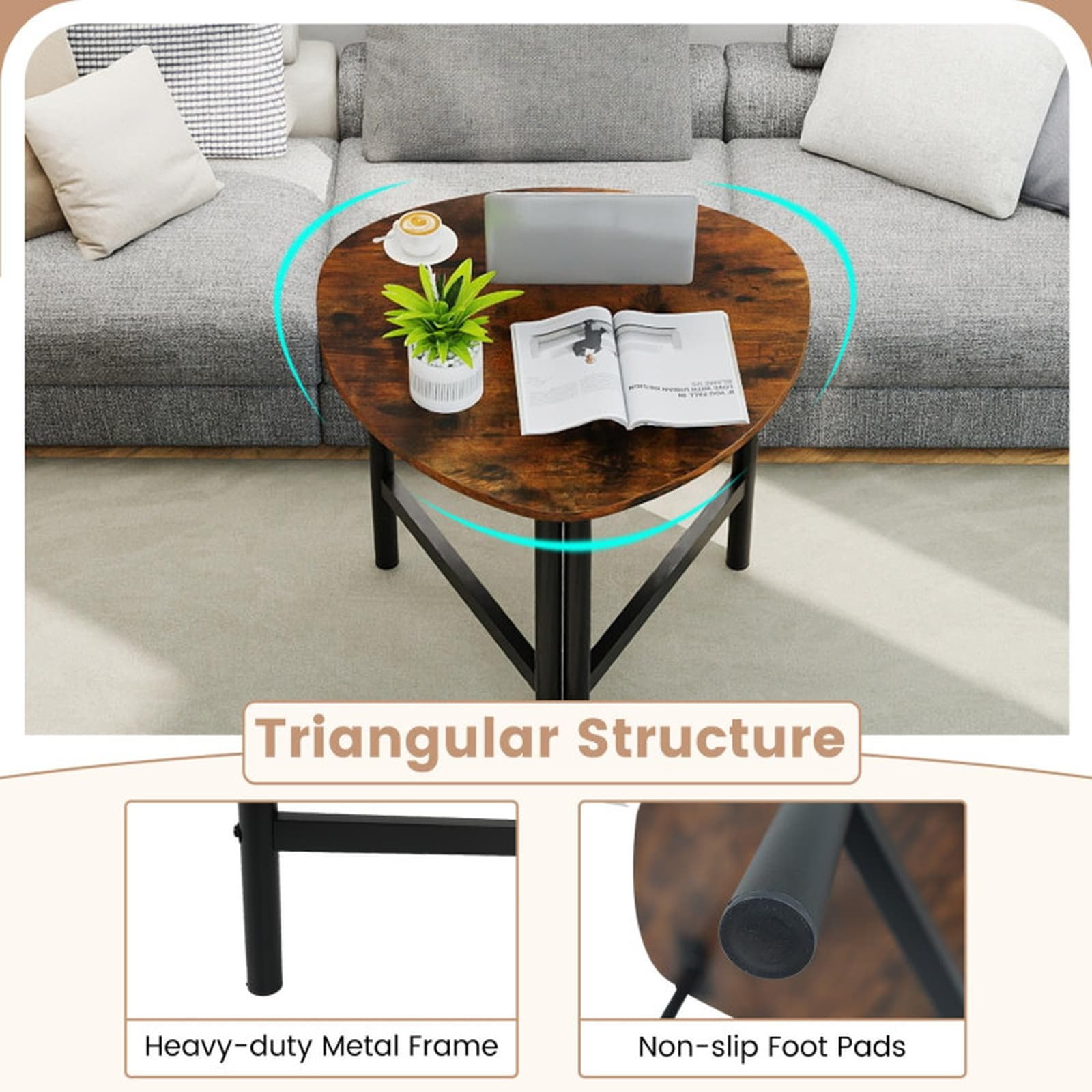 SUGIFT Triangle Coffee Table Oval Coffee Table with Metal Legs ...