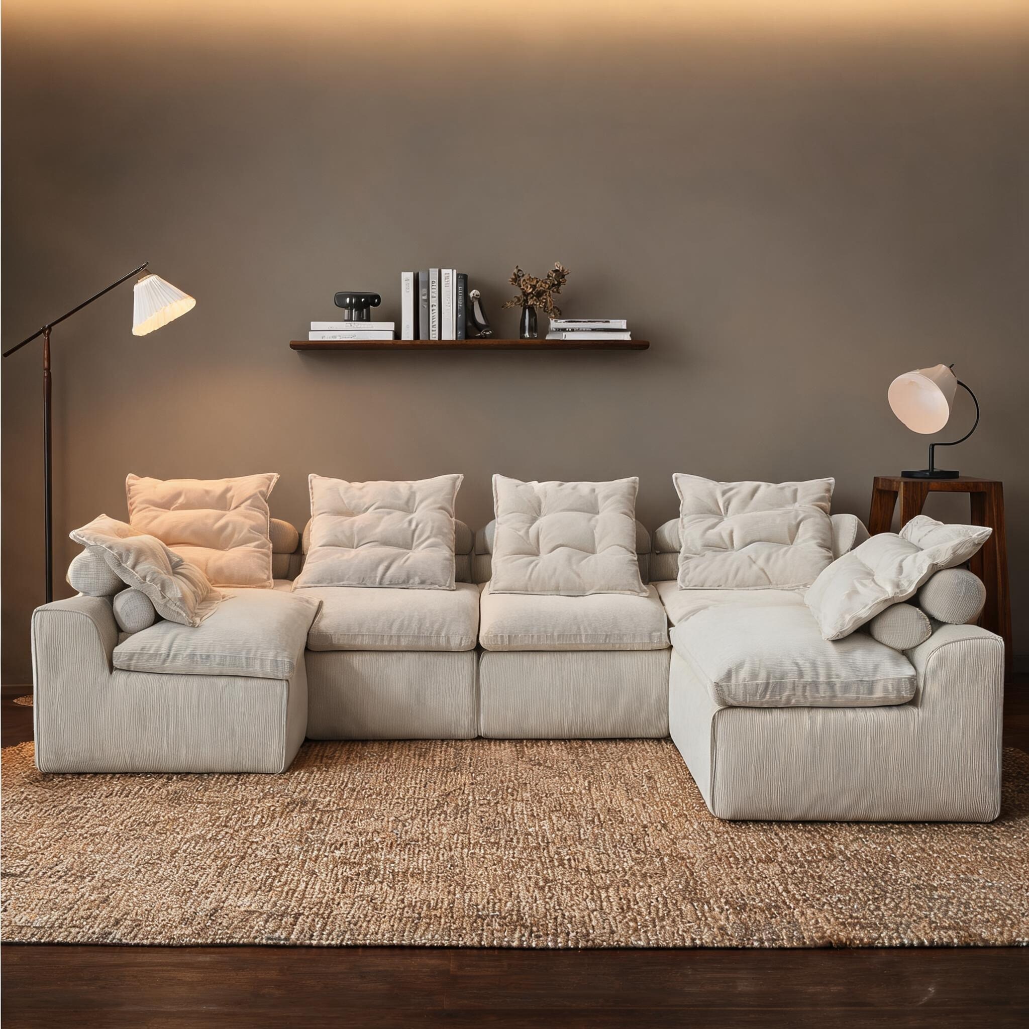 SUNCREAT Modular Upholstered Corduroy Sofa 6-Seat Armless Rectangular ...