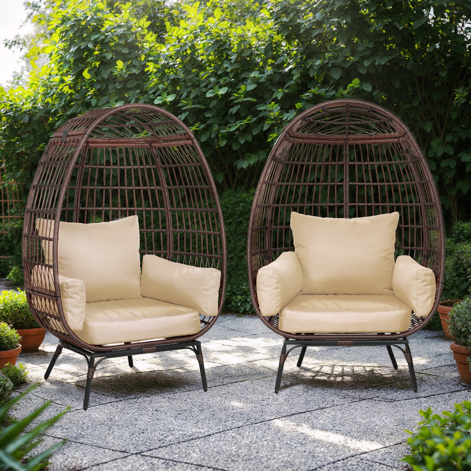 Egg Chair Set of 2 Wicker Brown Rattan Frame Stationary Egg Chair with ...