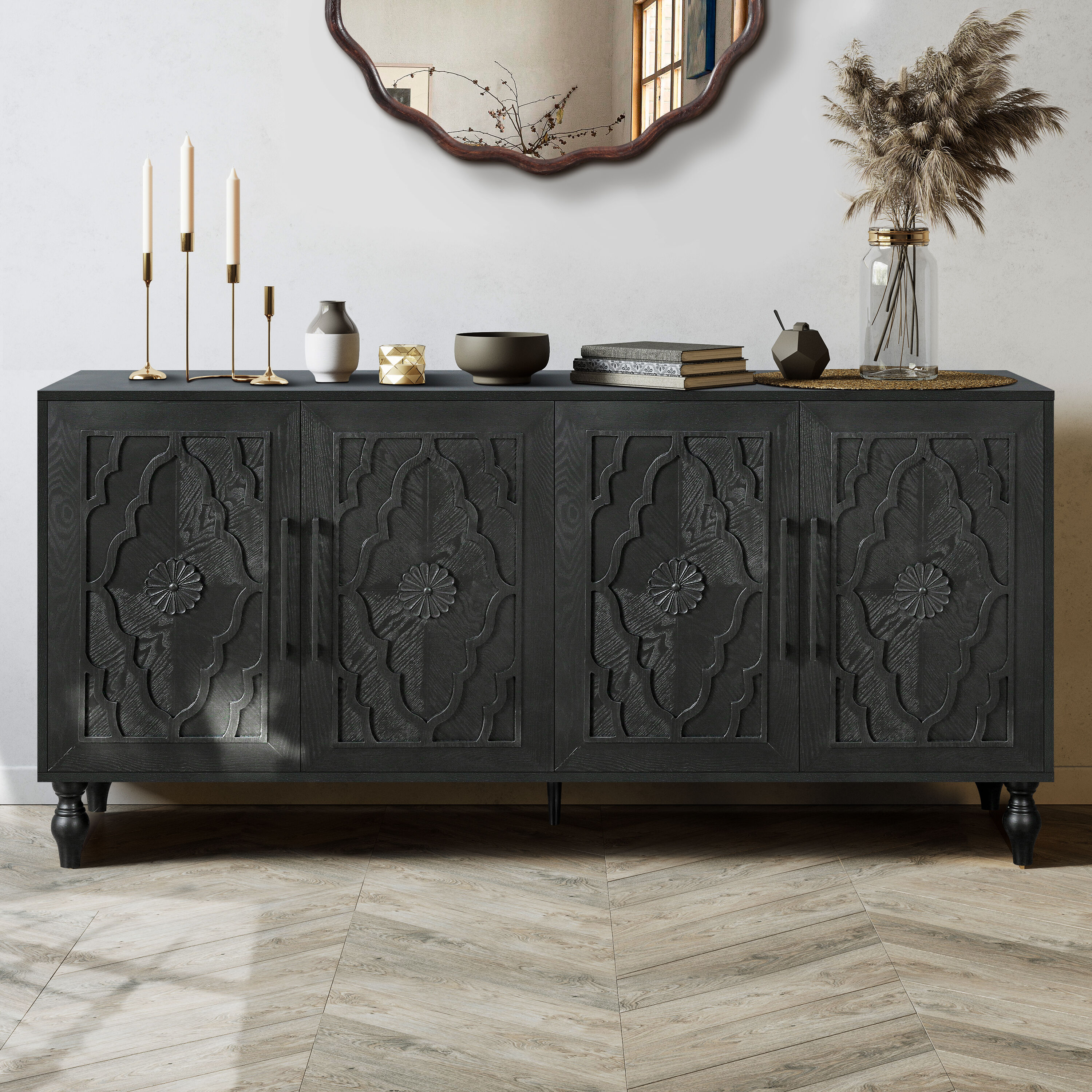 LUXEYARD Carved Flower Door Large Storage Cabinet With Metal Handle For ...
