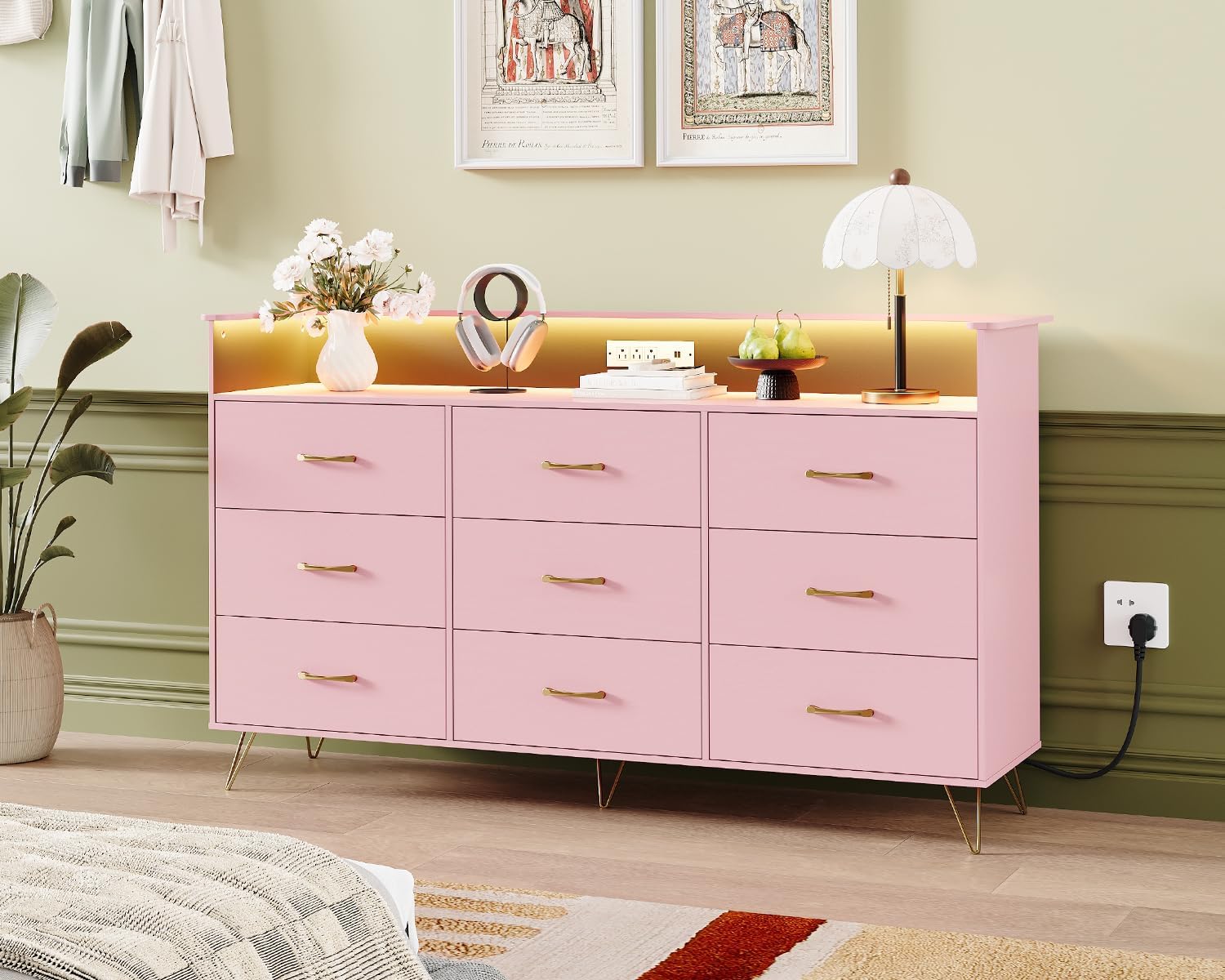 Garvee Black Wood Dresser With Nine Drawers LED Lights Charging Station ...