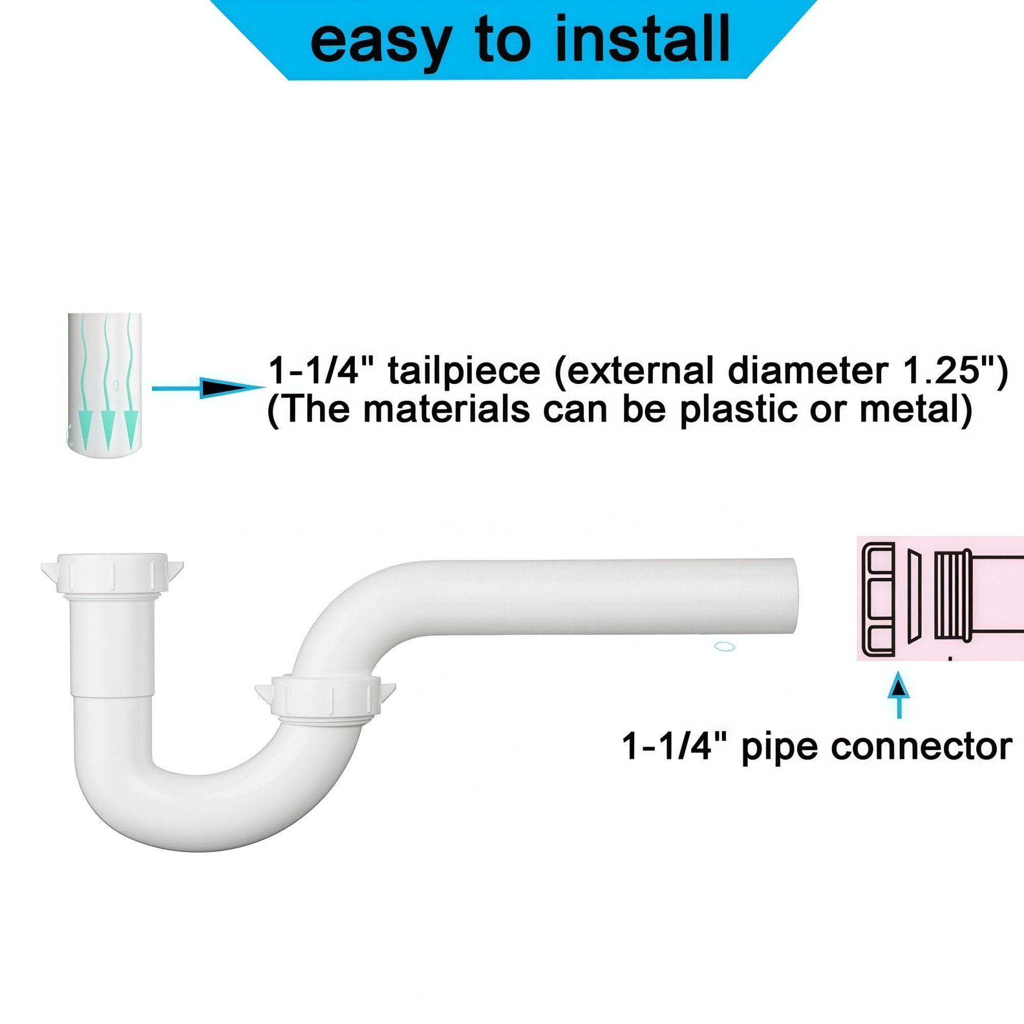Numhew 36in L 1.25in OD 1-Piece White Basin Sink Drain Pipe Tubular Kit ...