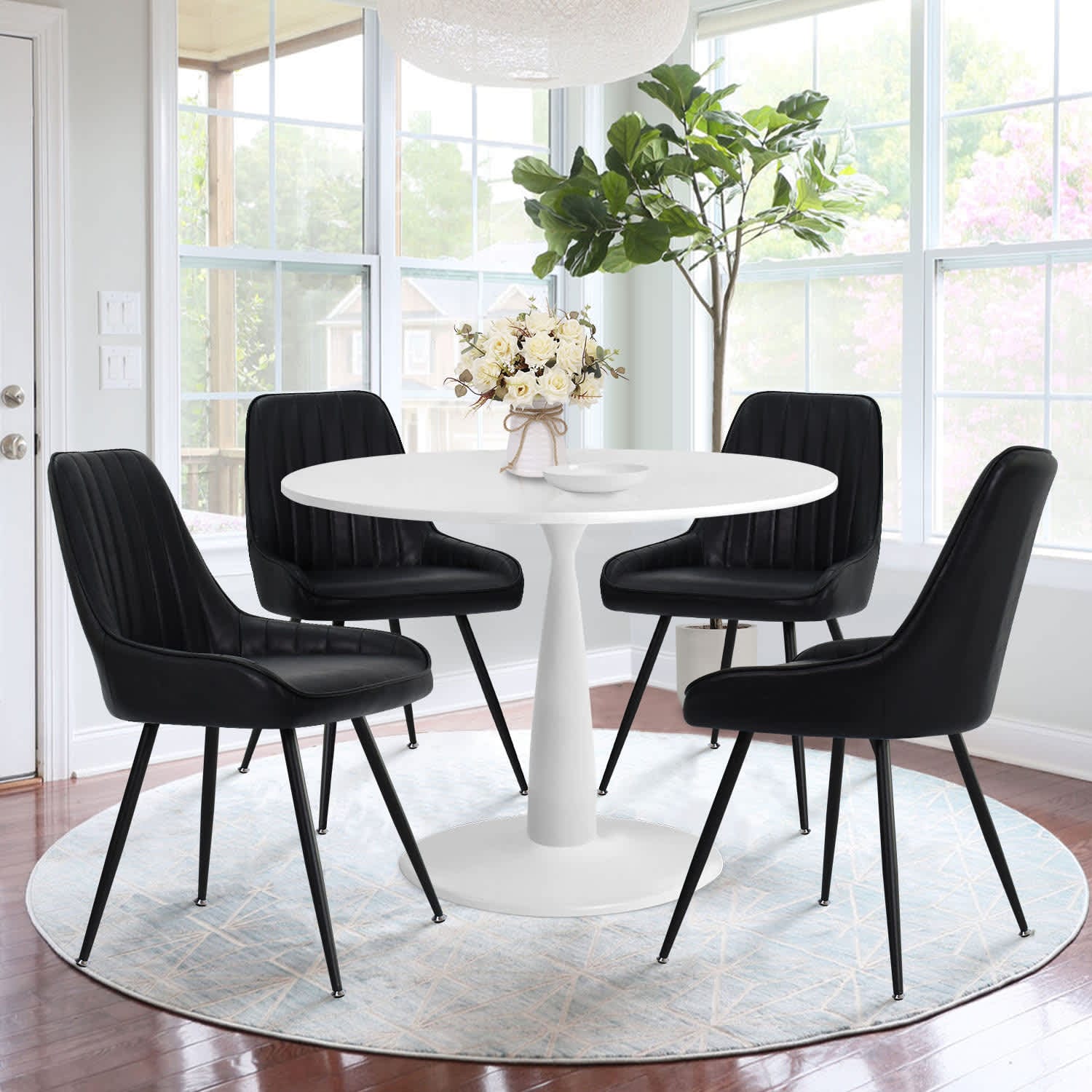 Maison Boucle Modern White Round Dining Table Set for 4 with Black ...