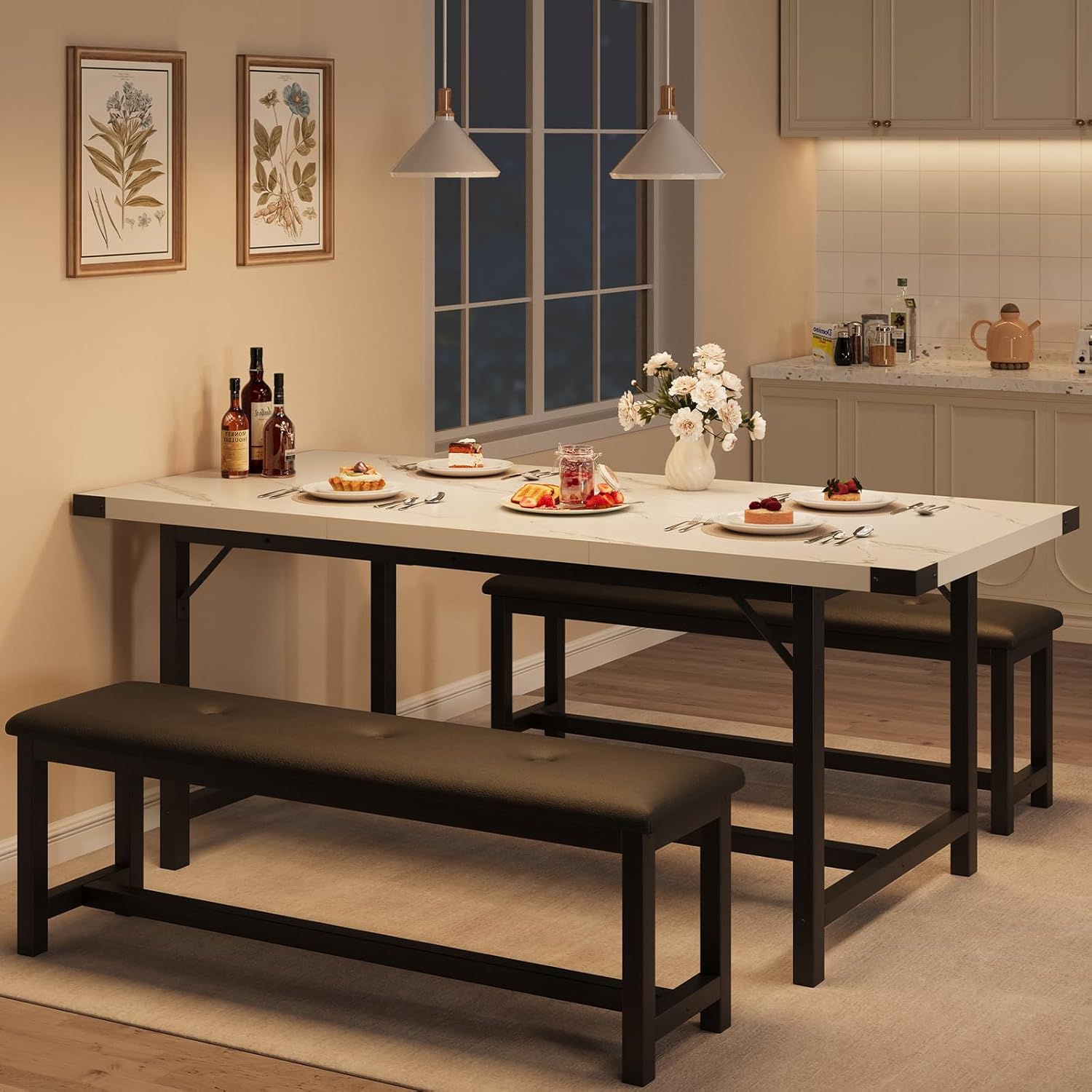 Garvee 3Pcs Dining Table Set for 4-6 63in Extendable Thick Metal Frame ...