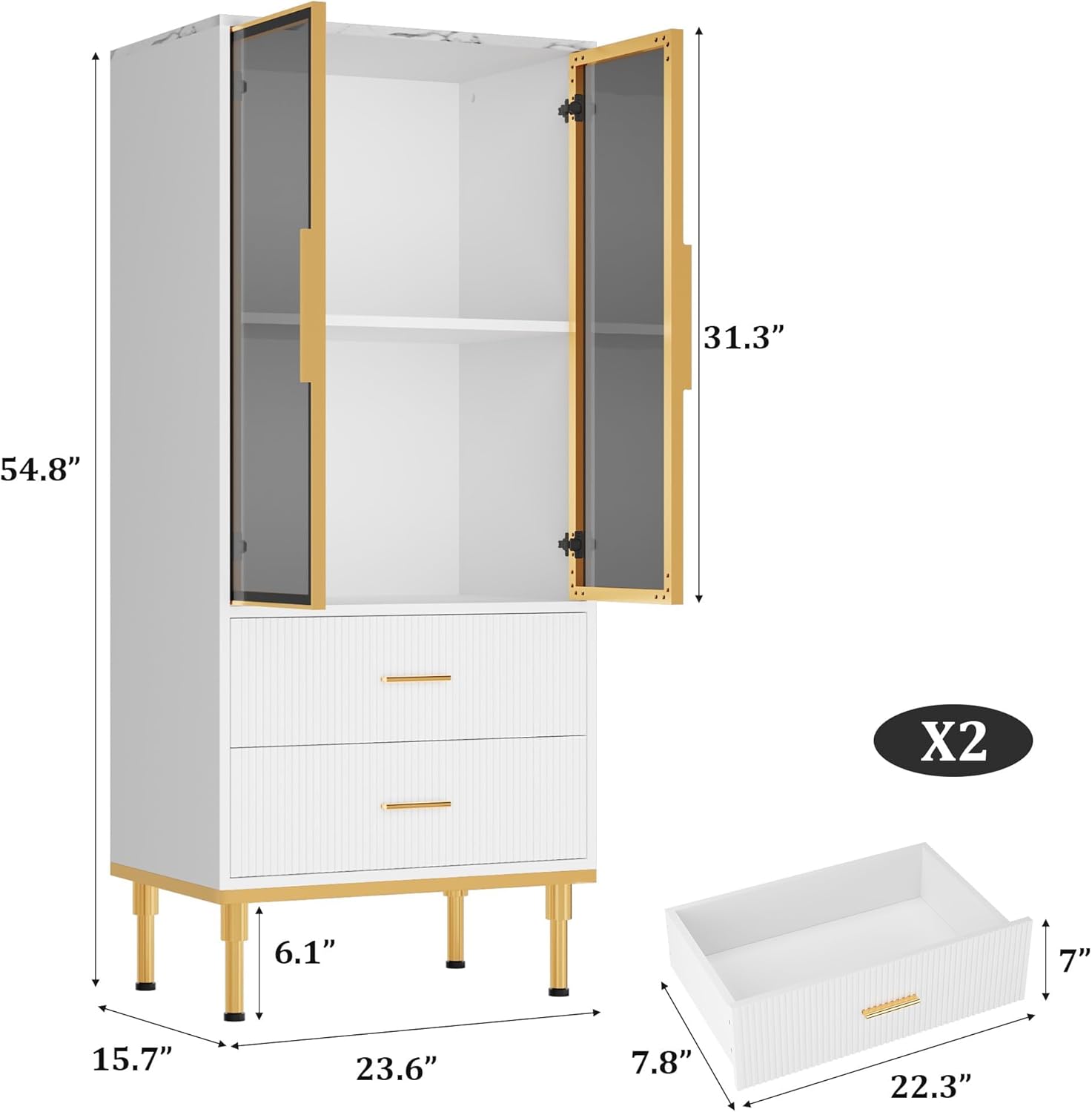 Qeetex Fluted Storage Cabinet with Glass Door and 2 Drawers - Modern ...