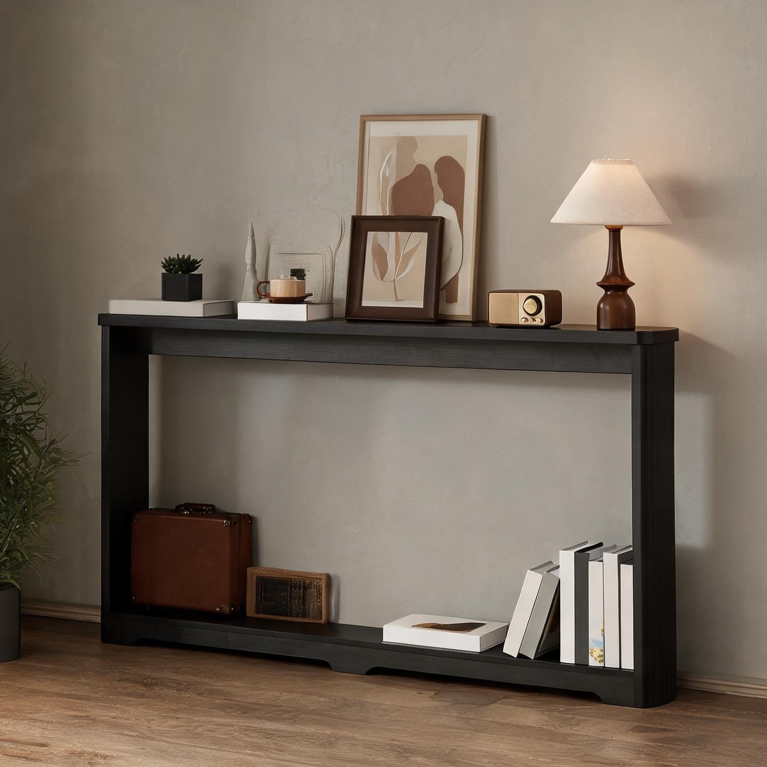 Watnature Matte black MDF sofa table with corrugated storage narrow 70. ...