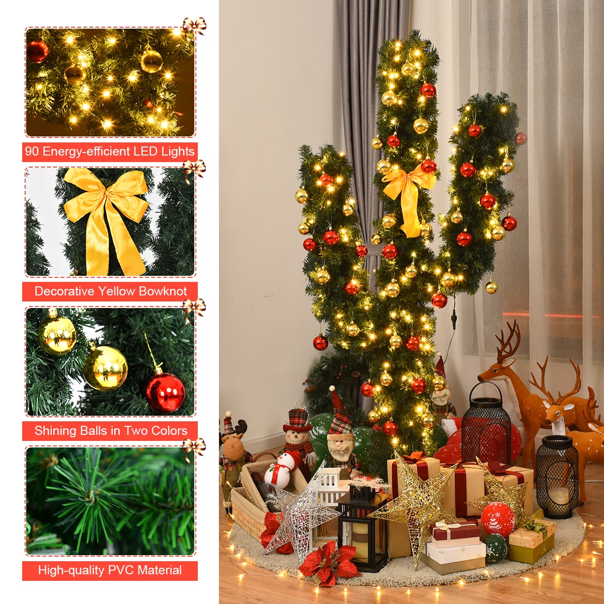 Slickblue Cactus Shape Green Artificial Christmas Tree with Warm LED ...