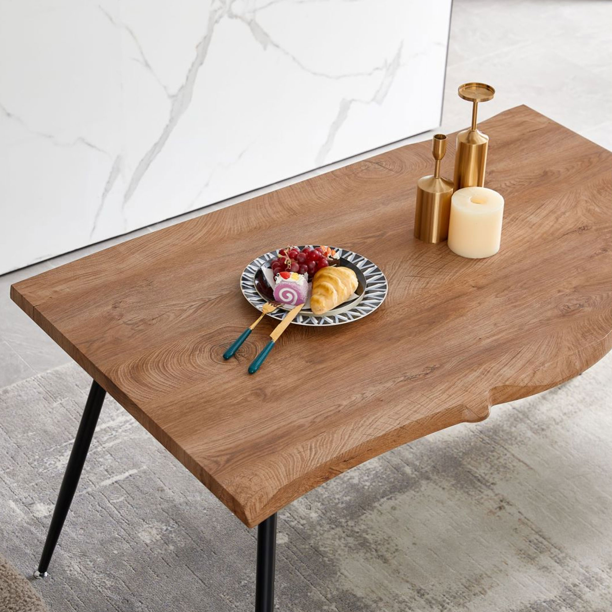 Bybafun Walnut Live edge Casual MDF Dining Table, with Metal Finish and ...