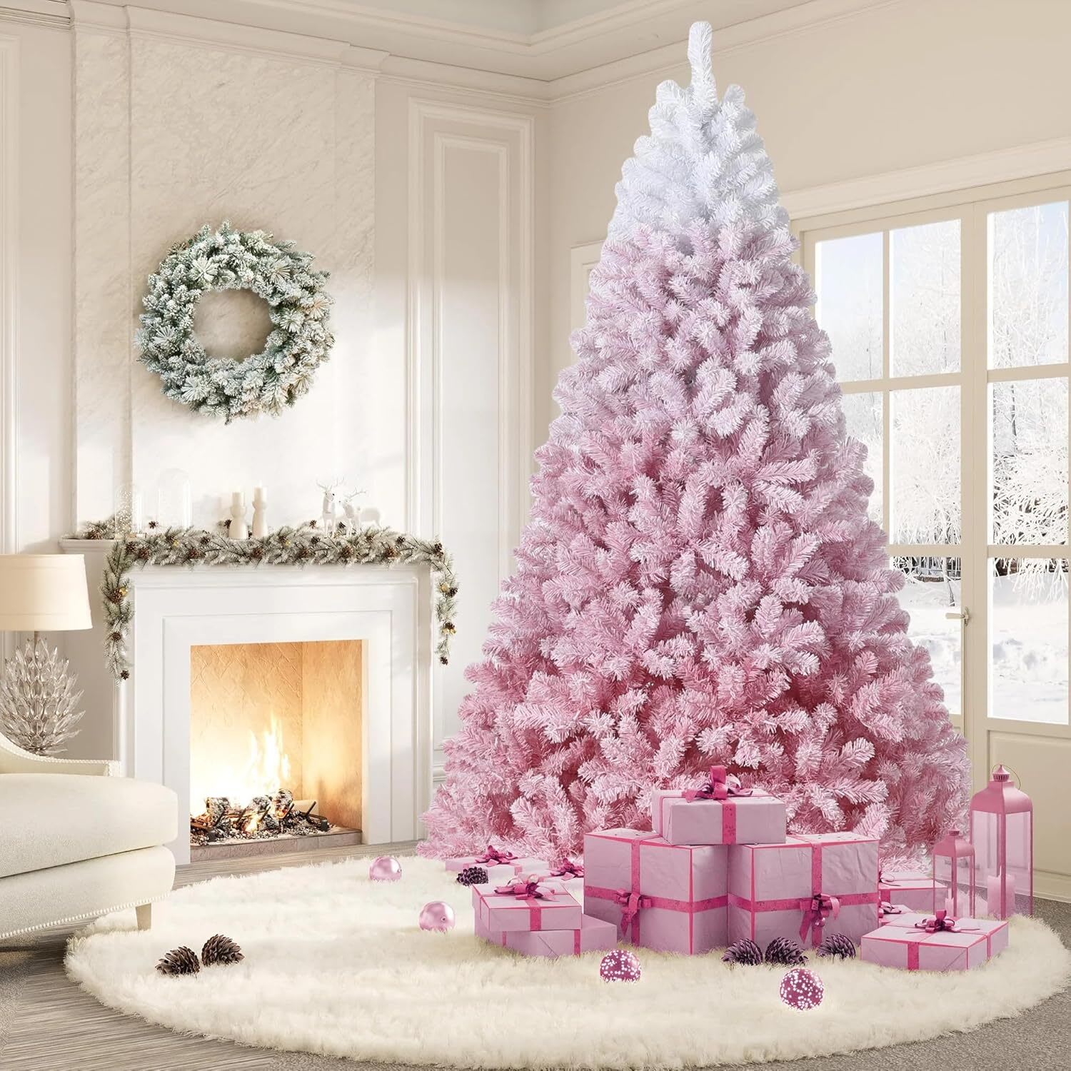 Garvee 7.5Ft Pink Christmas Tree Snow Flocked Artificial Full Christmas ...