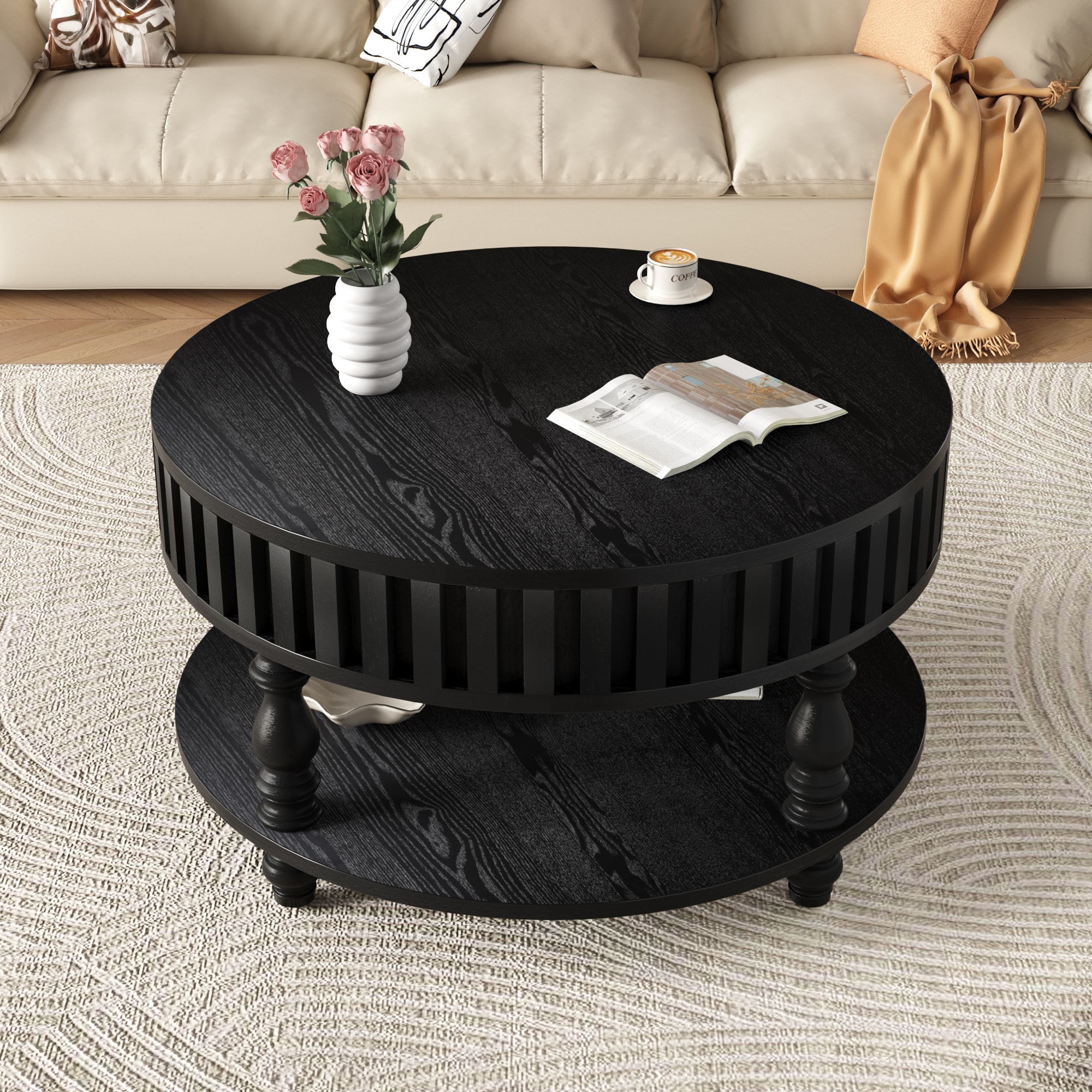 LOVMOR Modern Fluted Coffee Table With Storage Black Finish Center ...