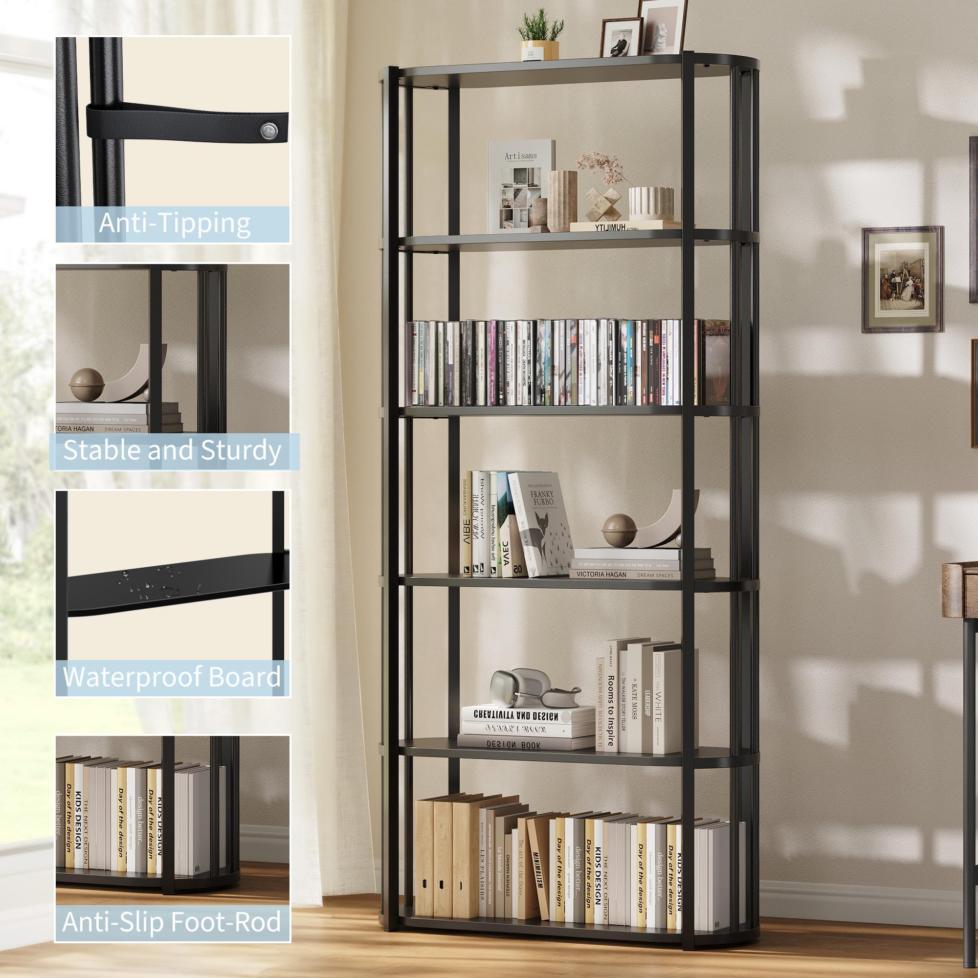 Garvee 6 Tier Book Shelf Modern Tall Bookshelf Industrial Bookcase ...