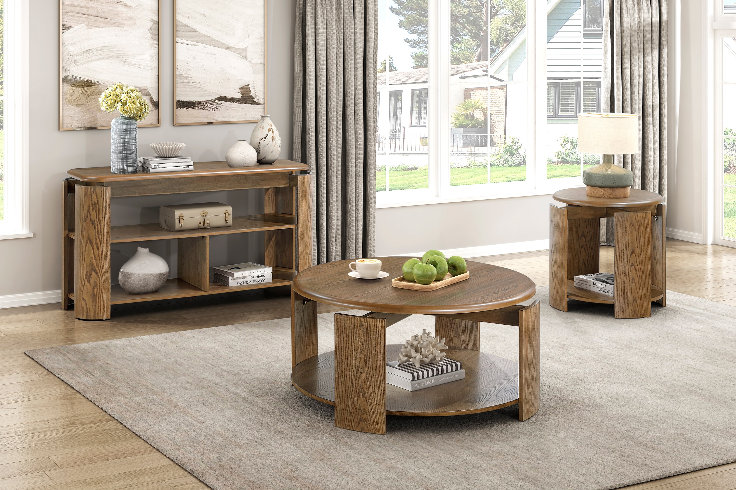 LOVMOR 52 Inch Modern Wood Round Brown Console Table for Entryway ...
