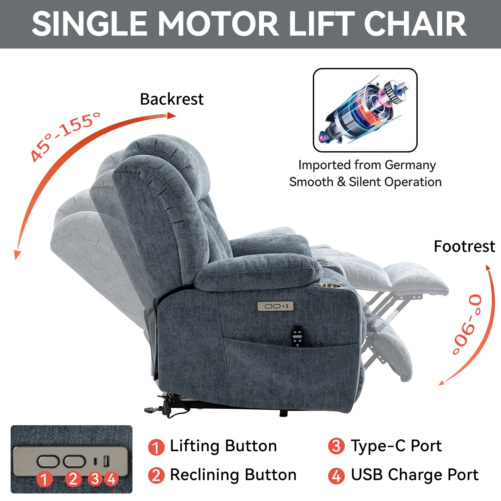 LUCKY ONE Blue Chenille Powered Reclining Massage Chair with Lift ...