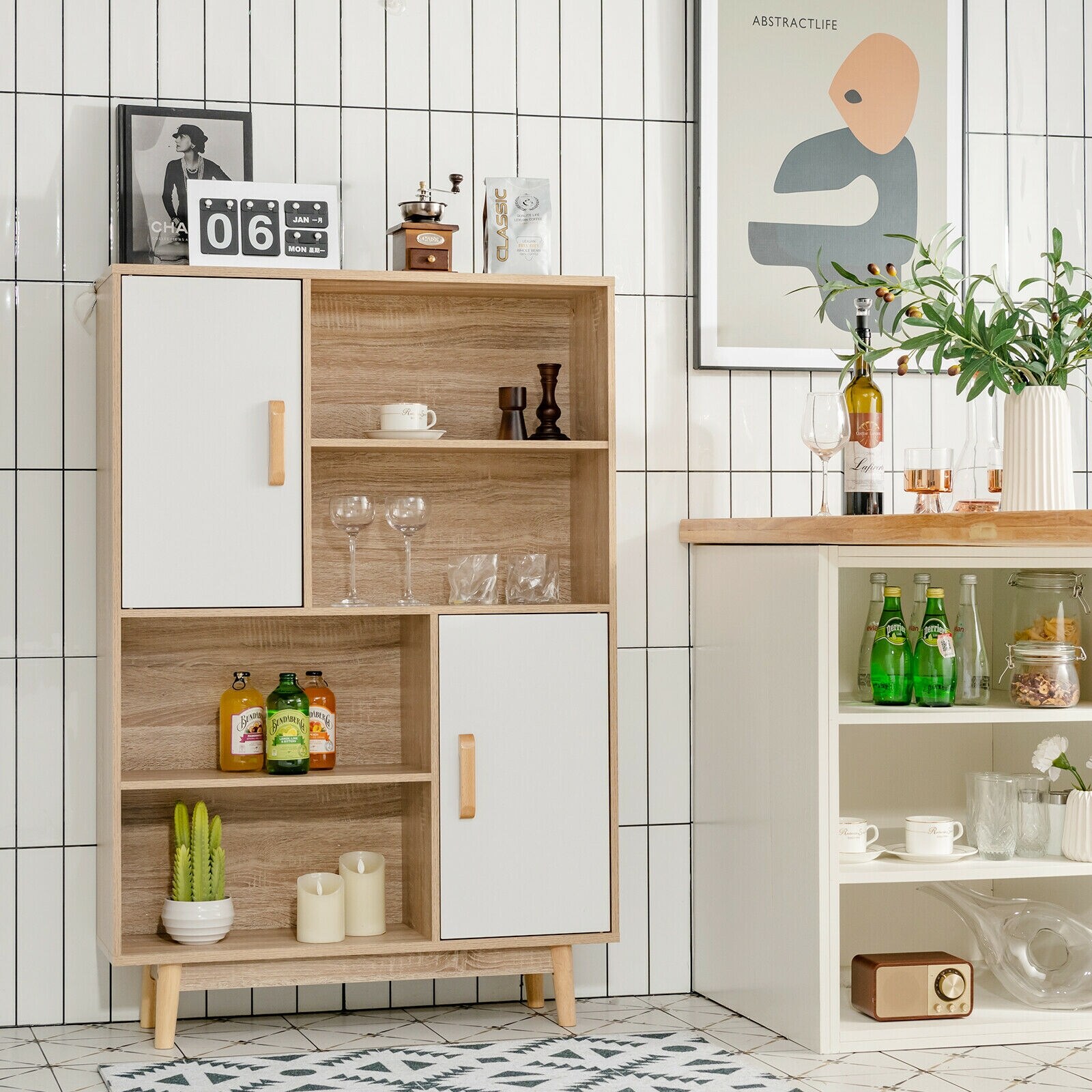 SUGIFT 4-Tier Accent Storage Cabinet With 2 Doors 4 Open Shelves Rubber ...