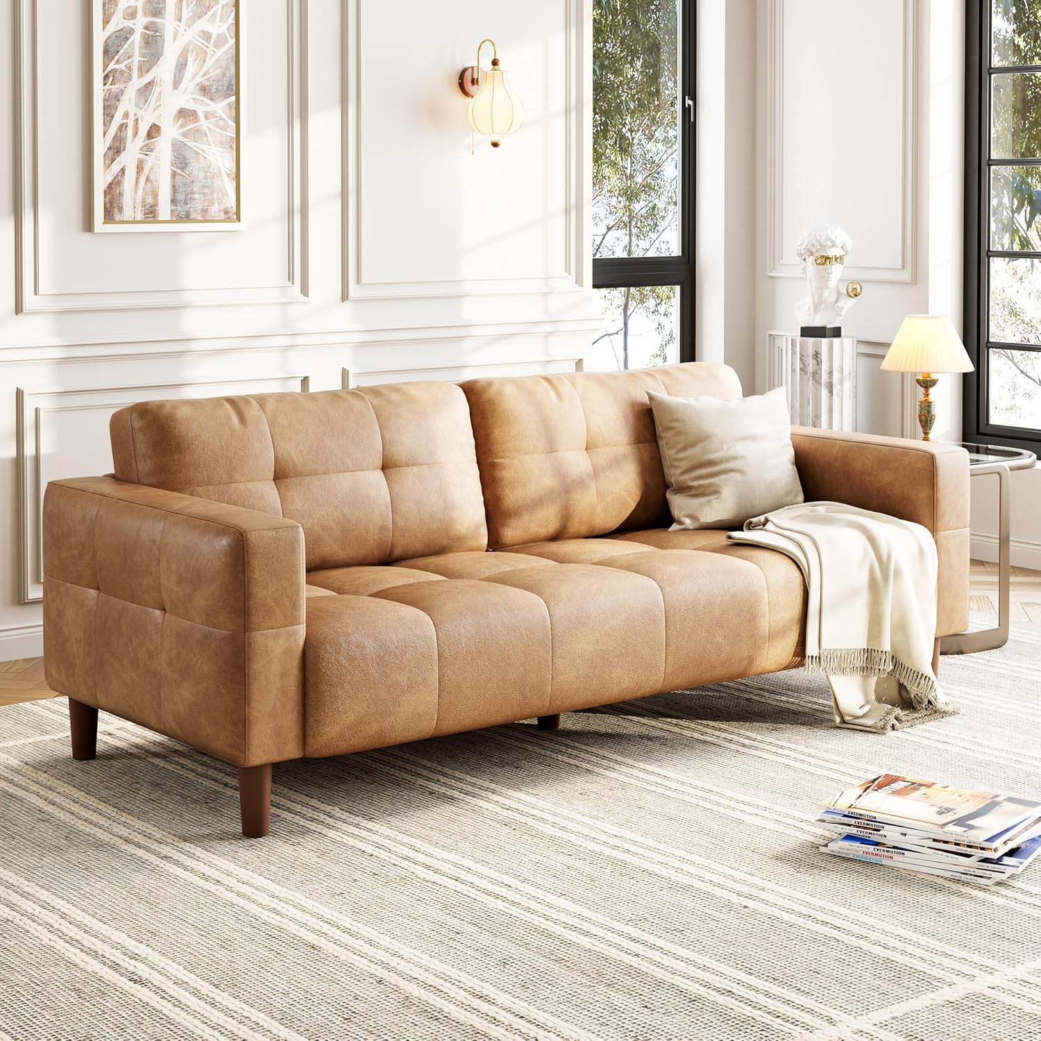 Garvee 3-Seater Sofa Faux Leather with Spring Cushion Modern with Deep ...