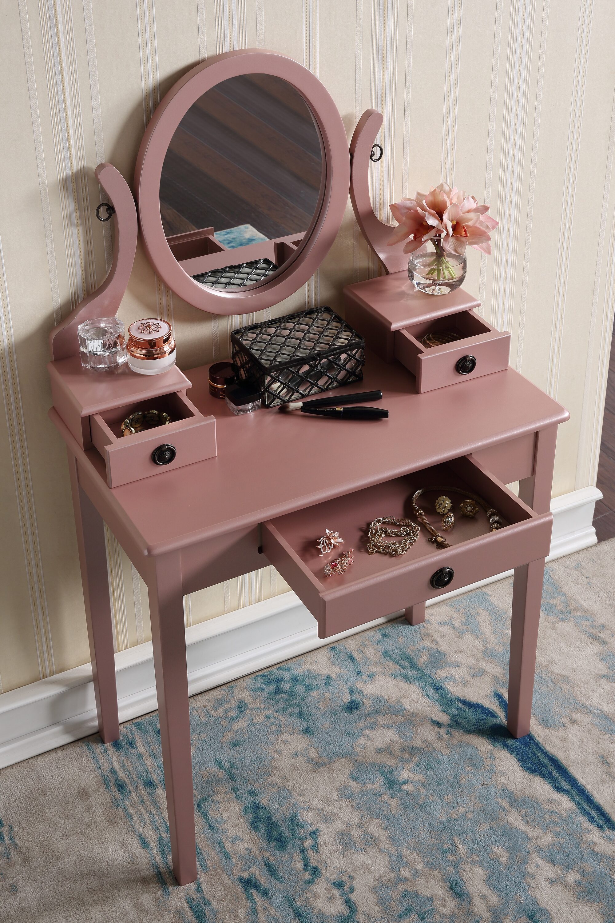 Afoxsos Wood Makeup Vanity Table and Stool Set Rose Gold Finish ...