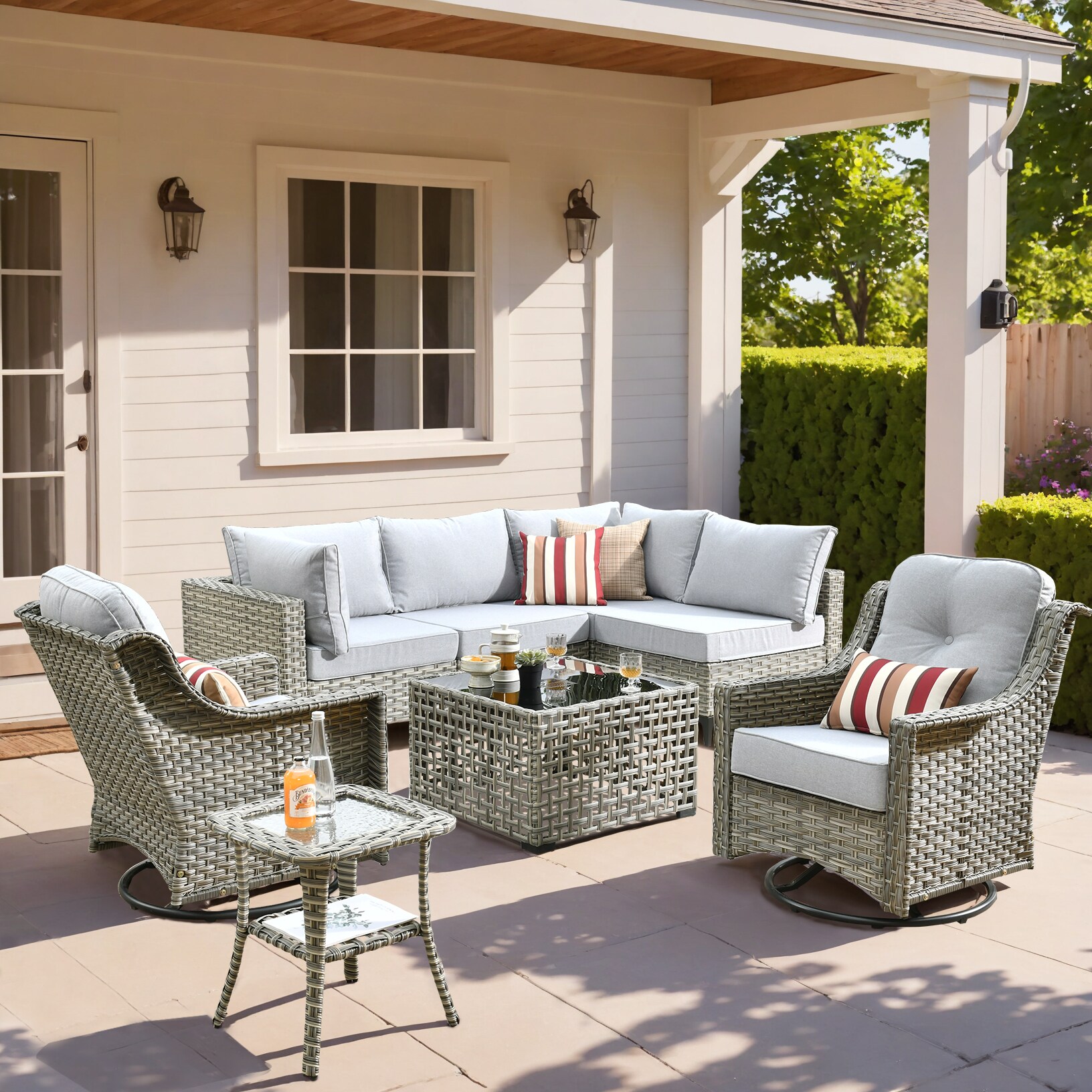 Ovios 8-Piece Wicker Patio Conversation Set with Light Gray Cushions in ...