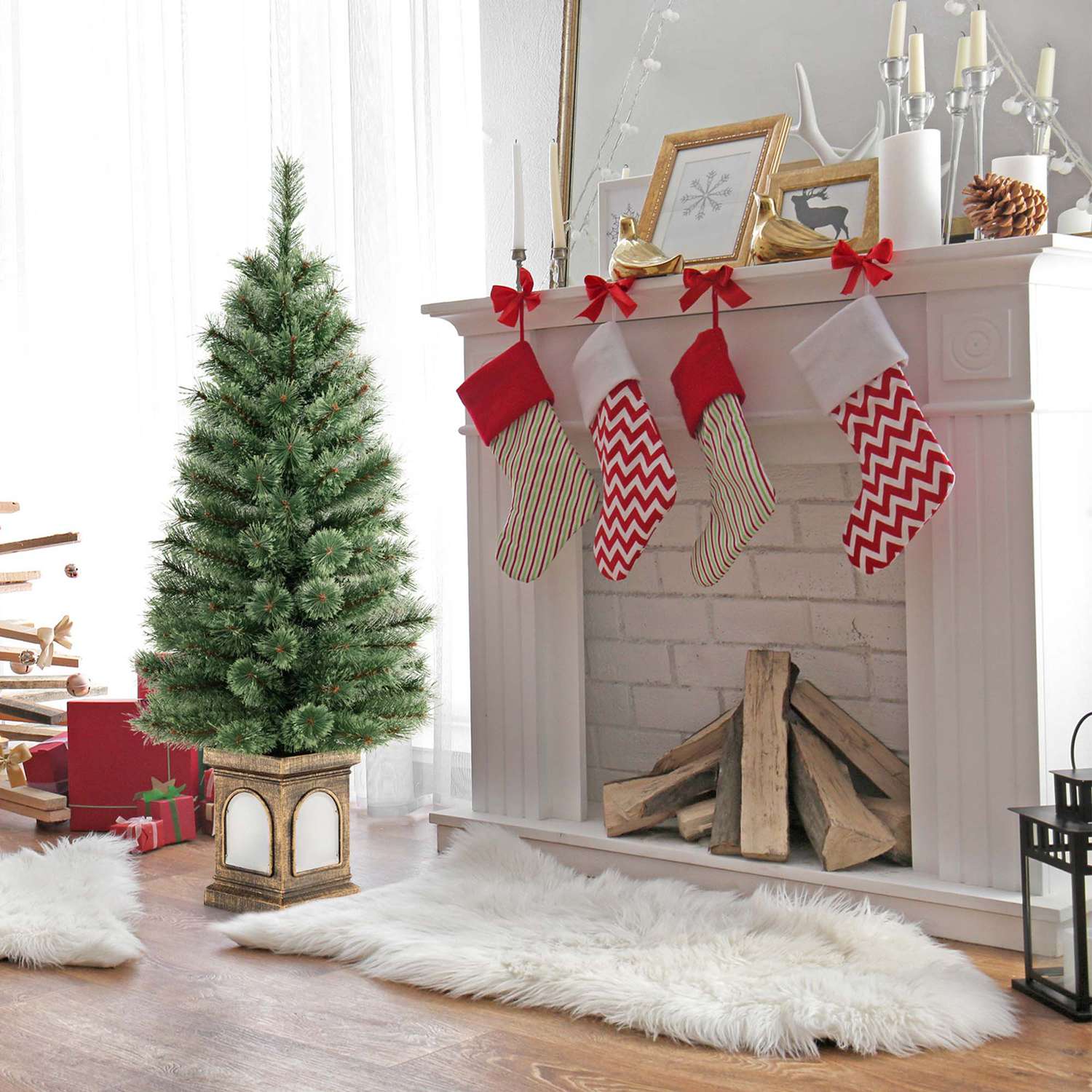 Costway 2 PCS 4 FT Pre-Lit Potted Christmas Tree Pine Needles 3 Modes ...