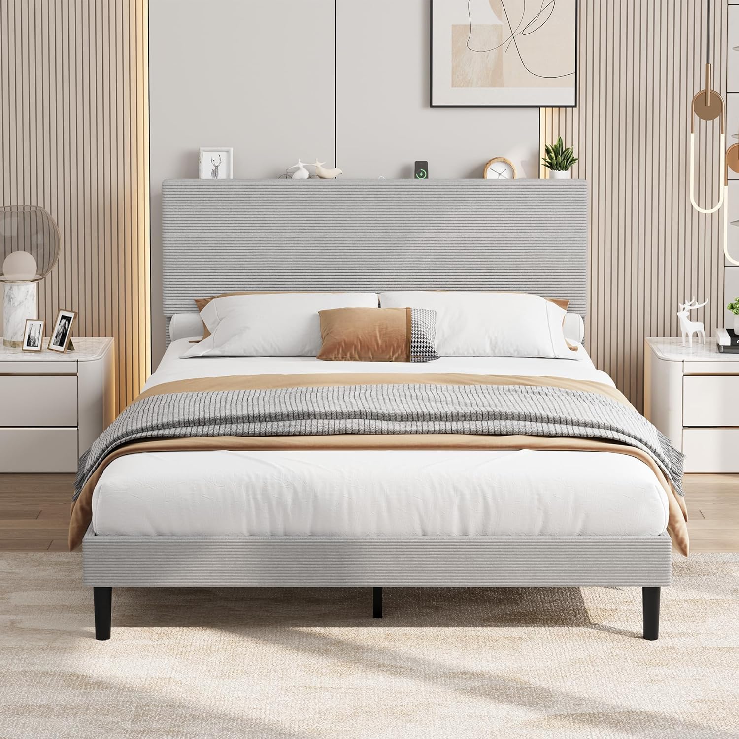 Assile Full Light Gray Corduroy Upholstered Platform Bed Frame with ...