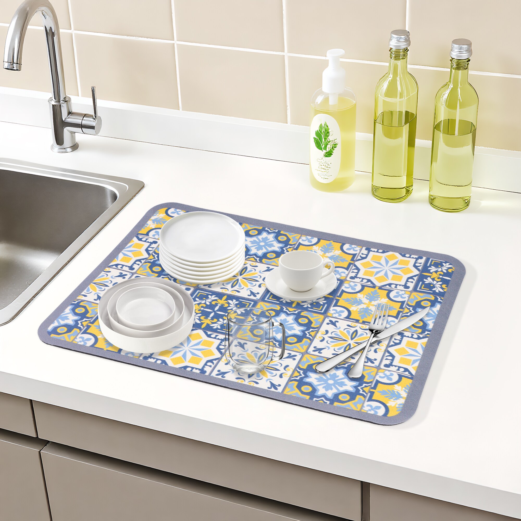 Unique Bargains Diatomaceous Stone Dish Drying Mat Floral Dish Mat ...