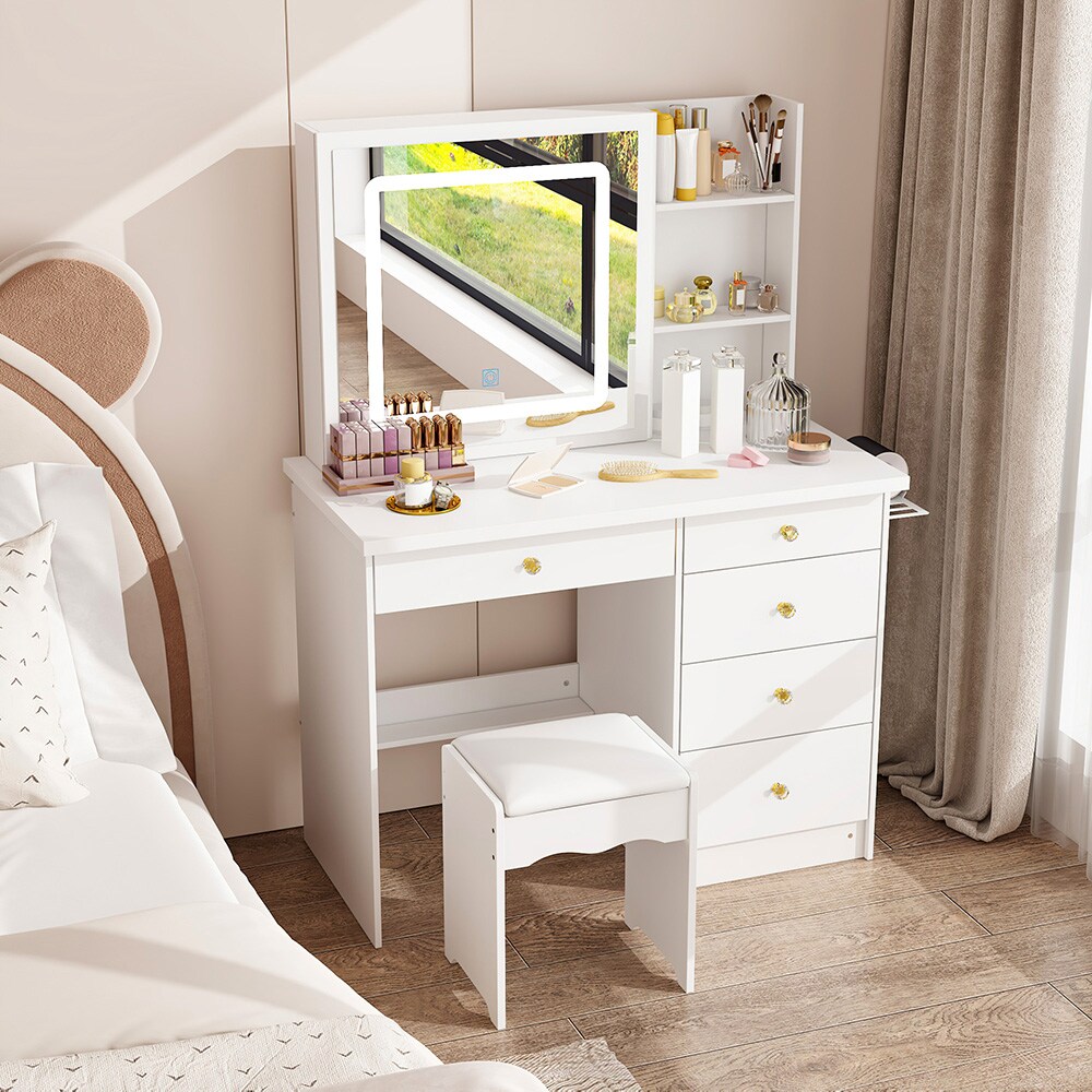 Vanity Desk Set Makeup Table with Large Sliding Lighted Mirror Power ...