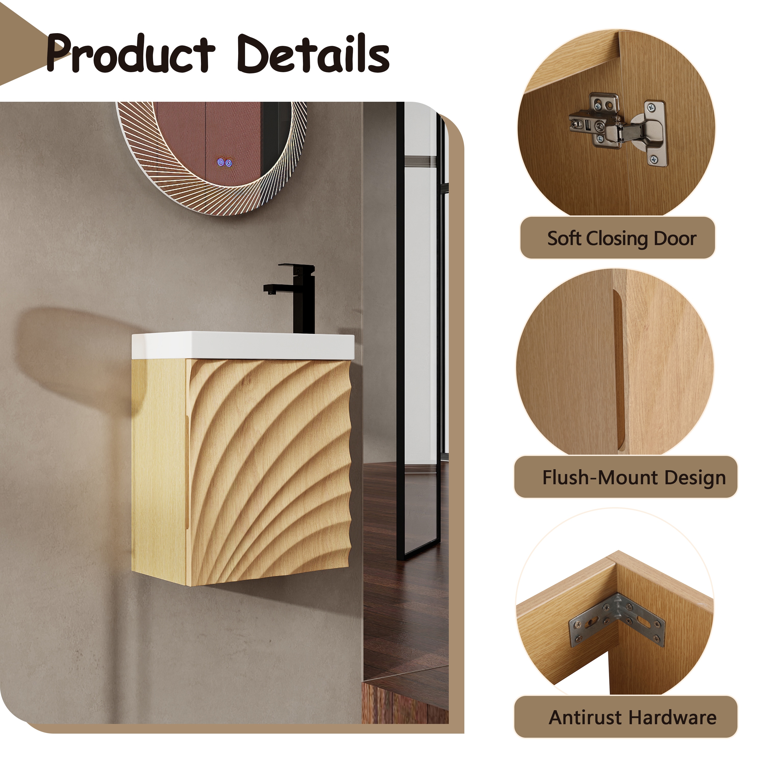 Tatayosi Wall-Mounted Bathroom Vanity with Resin Sink Soft Closed ...