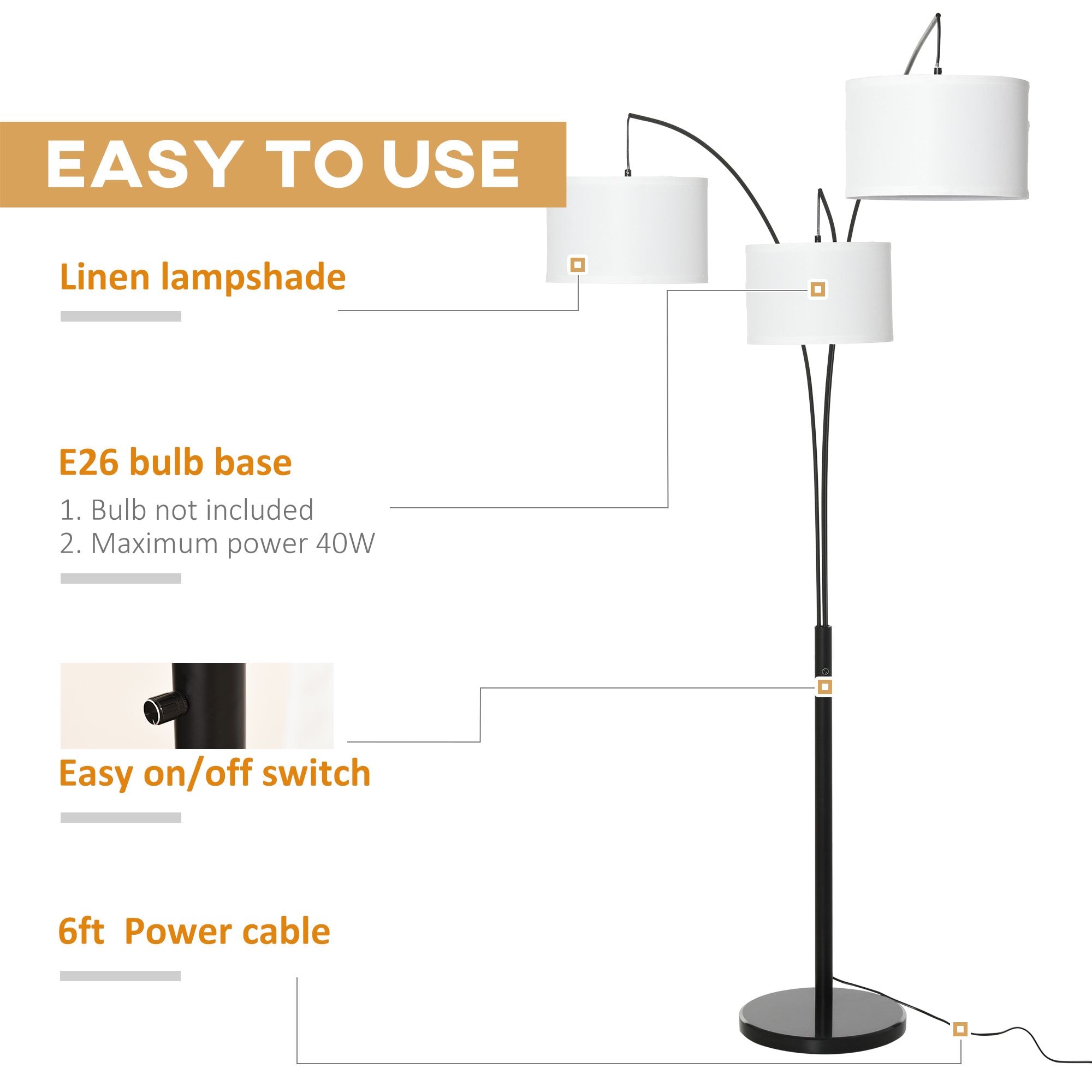 Tatayosi Contemporary Trilage Arc Floor Lamp with 3 Hanging Drum Shape ...