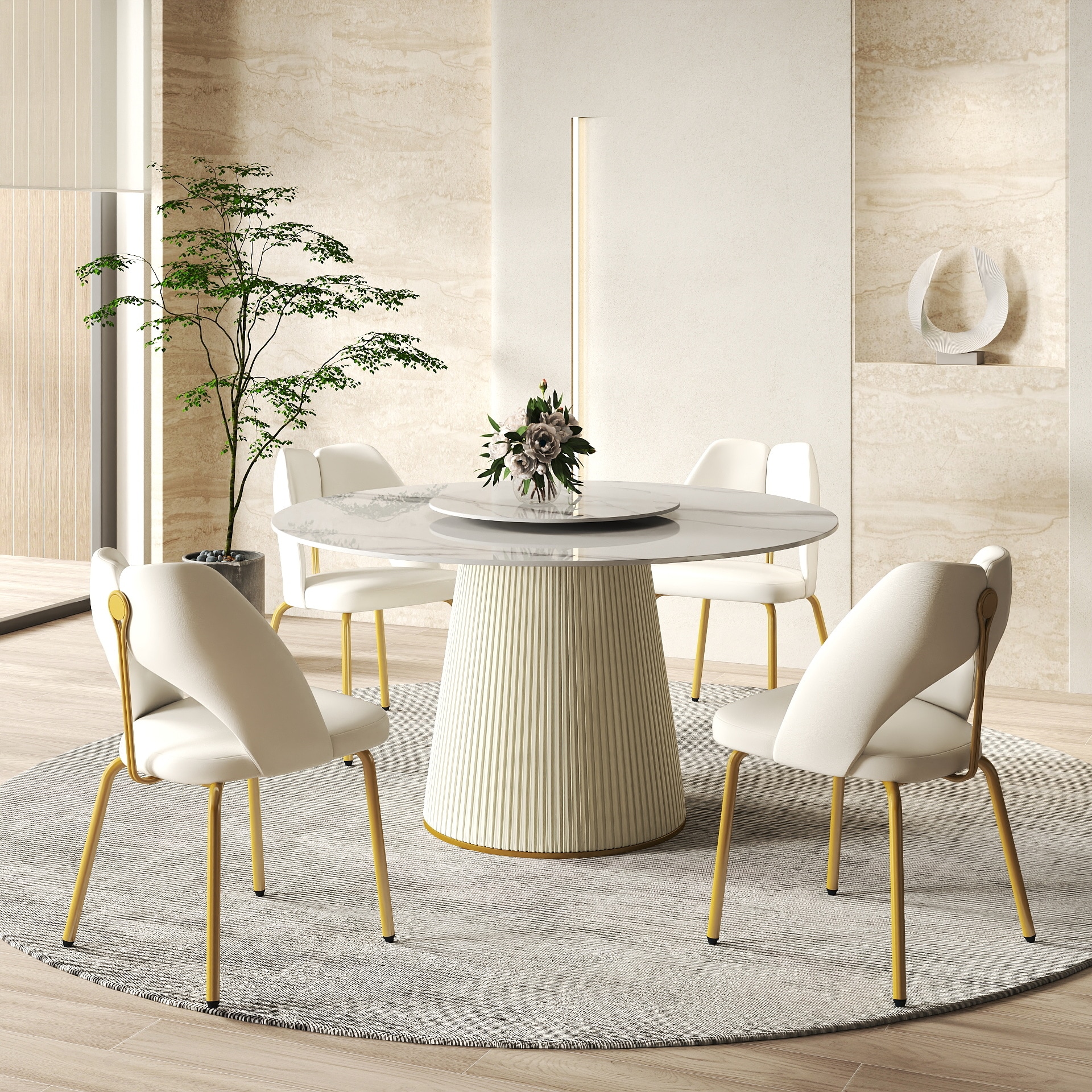 BuotiqHom 53 in. White + Lazy Susan Round Contemporary/Modern Ceramic ...
