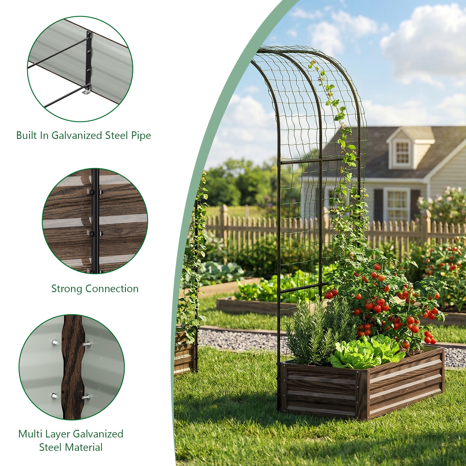 DOCRED Galvanized Raised Garden Bed with Arch Trellis for Climbing ...