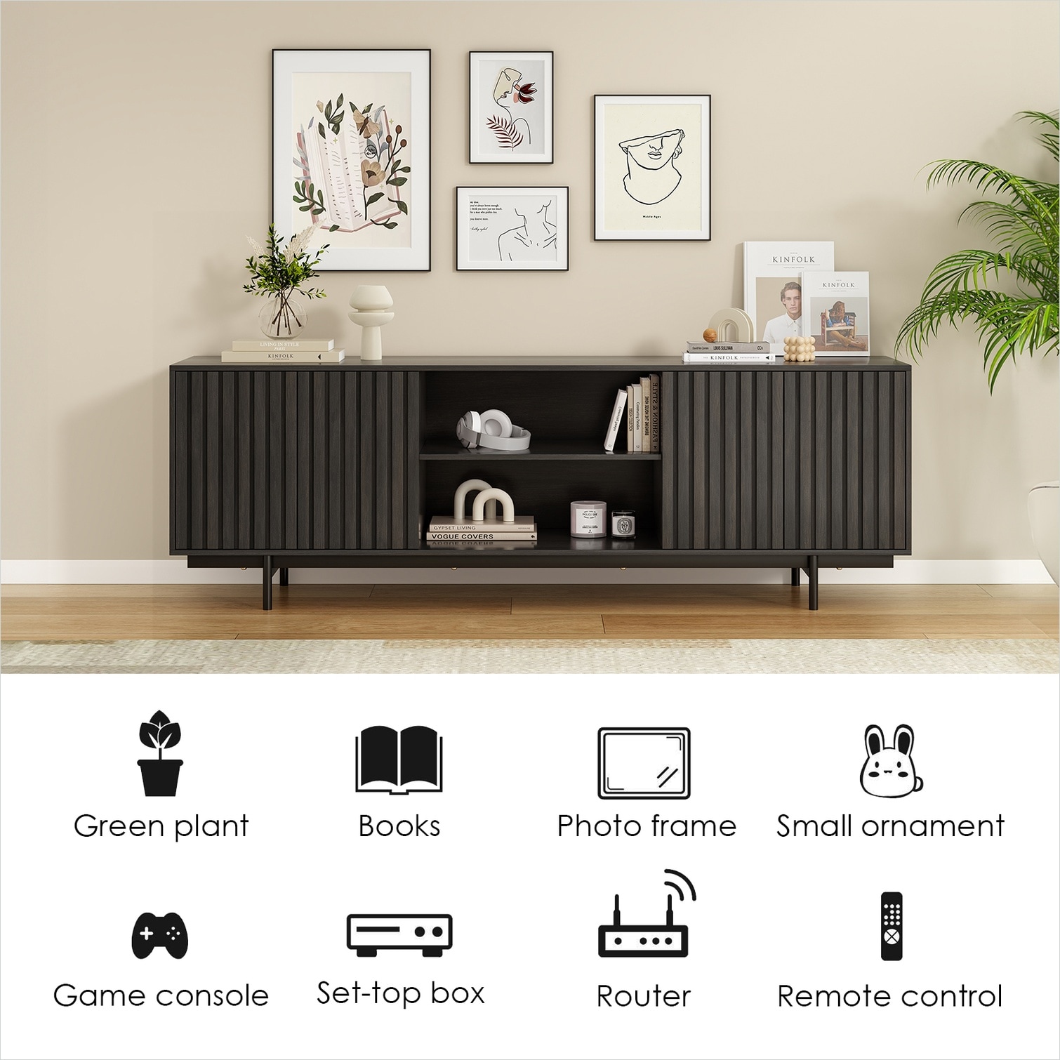 Naturefalls 63-Inch Fluted Wood TV Stand with Pop-Up Doors Jet Black ...