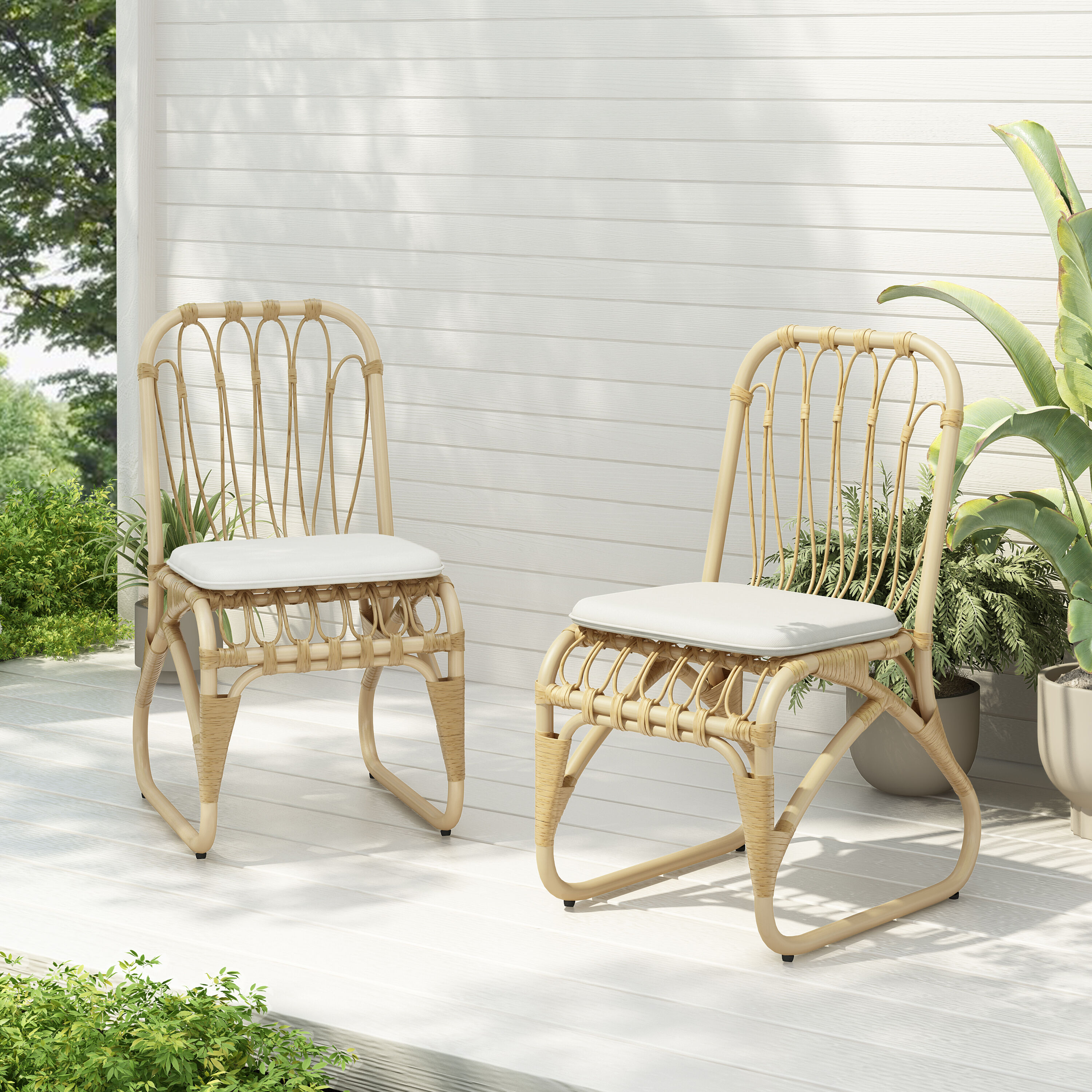 Direct Wicker Set of 2 beige Metal Frame Stationary Dining Chair with ...