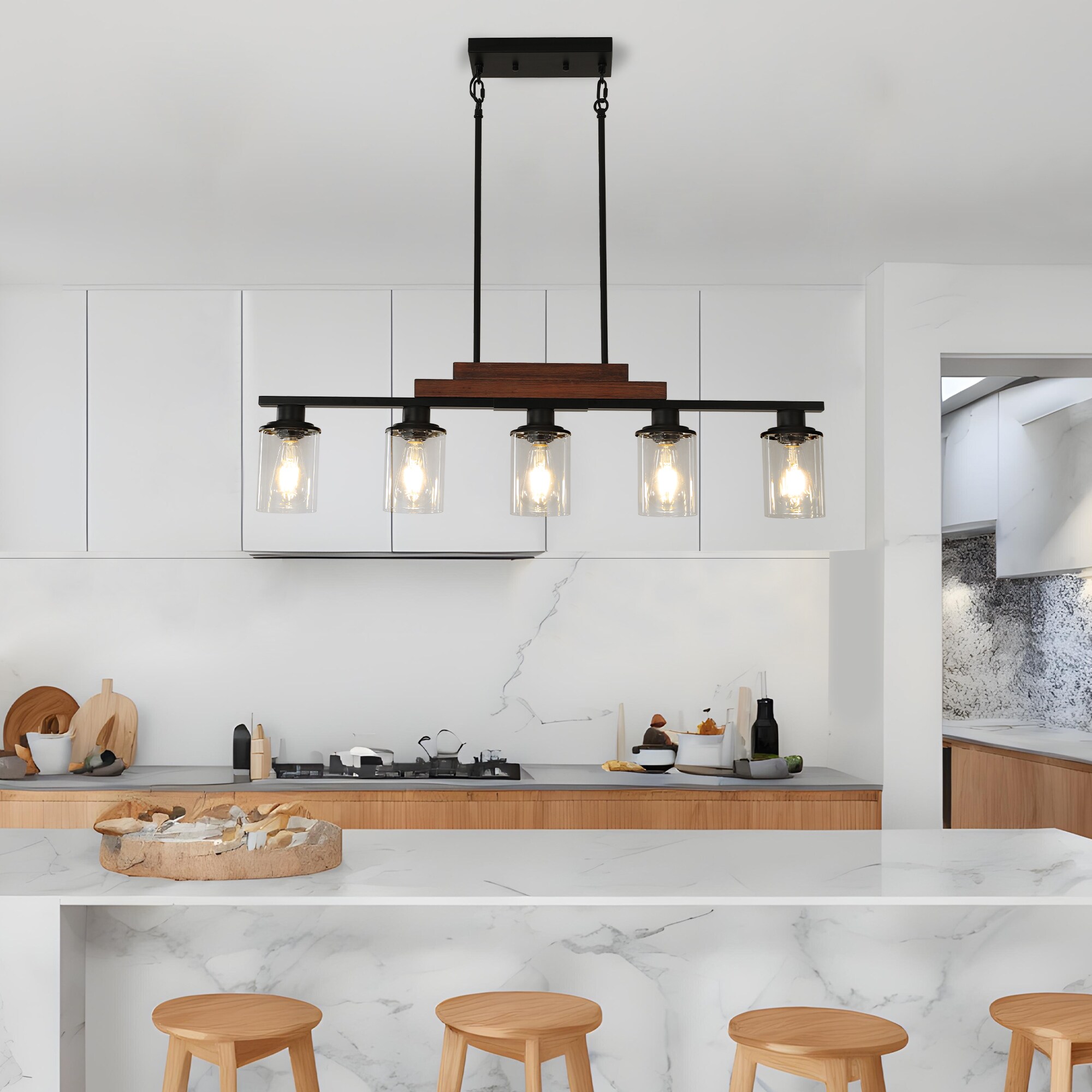 LOVMOR 37 Inch 5-Light Kitchen Island Pendant Light Metal Wood ...