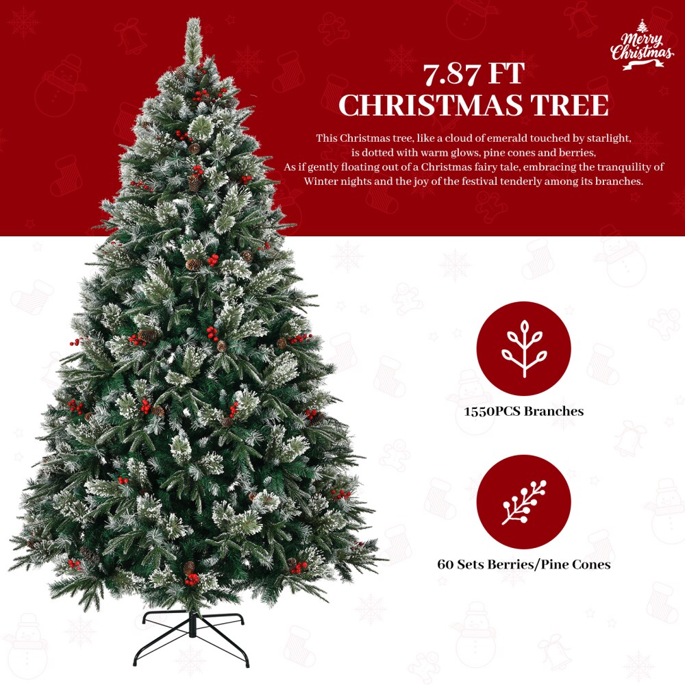 Wooakway 8ft Pre-Decorated Frosted Christmas Tree with Pinecones ...