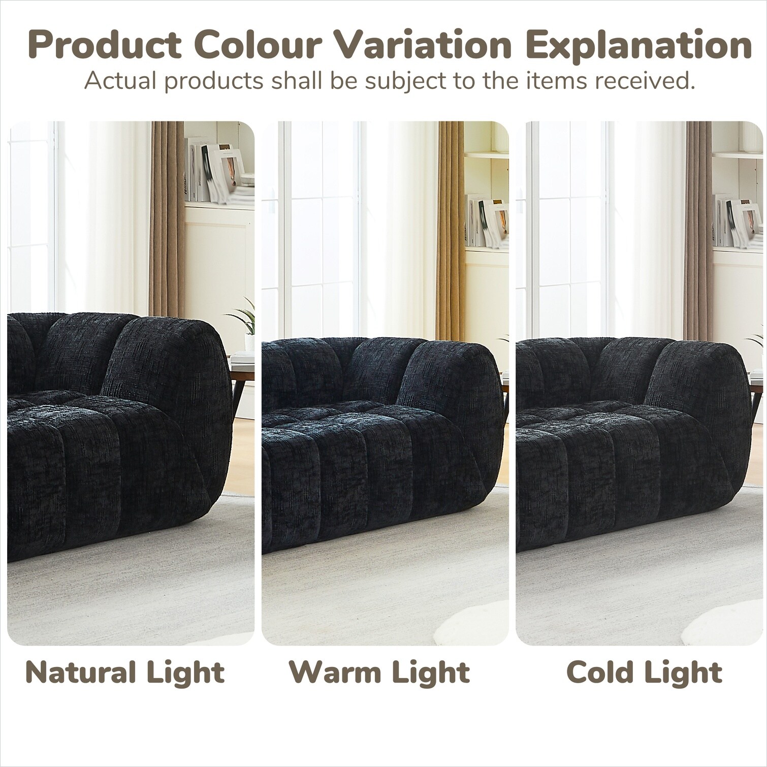 SunJet Three-Seater Chenille Sofa with Deep Seat Matte Black Modern ...