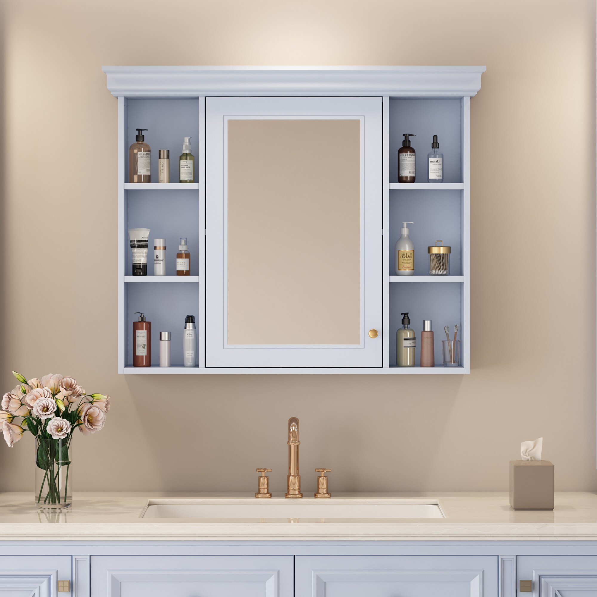 WELLFOR 35.5 in x 29 in Surface Mount Cream Blue Mirrored Soft Close Medicine Cabinet DH MMC1930 SA at Lowes