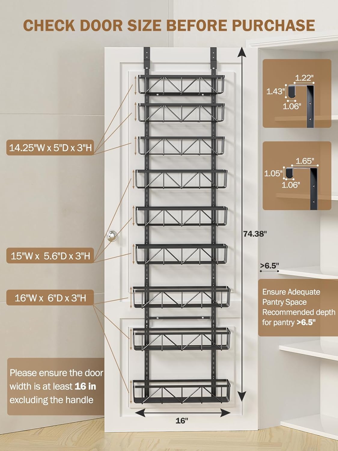 Delamu Adjustable Over the Door Pantry Organizer 9 Tier Metal Pantry ...
