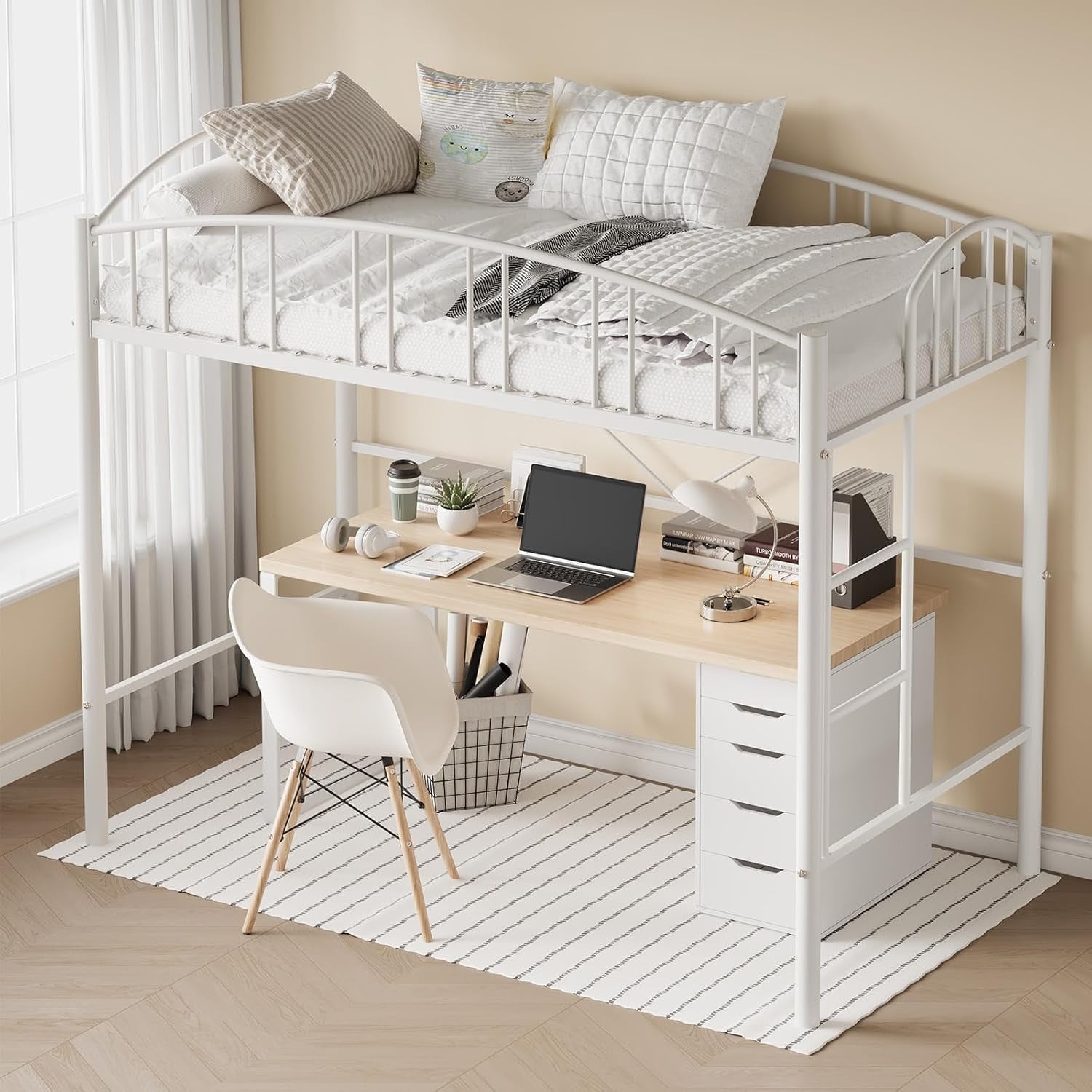 Qeetex Twin Loft Bed – Heavy Duty Metal Frame with Arched Guardrail and ...