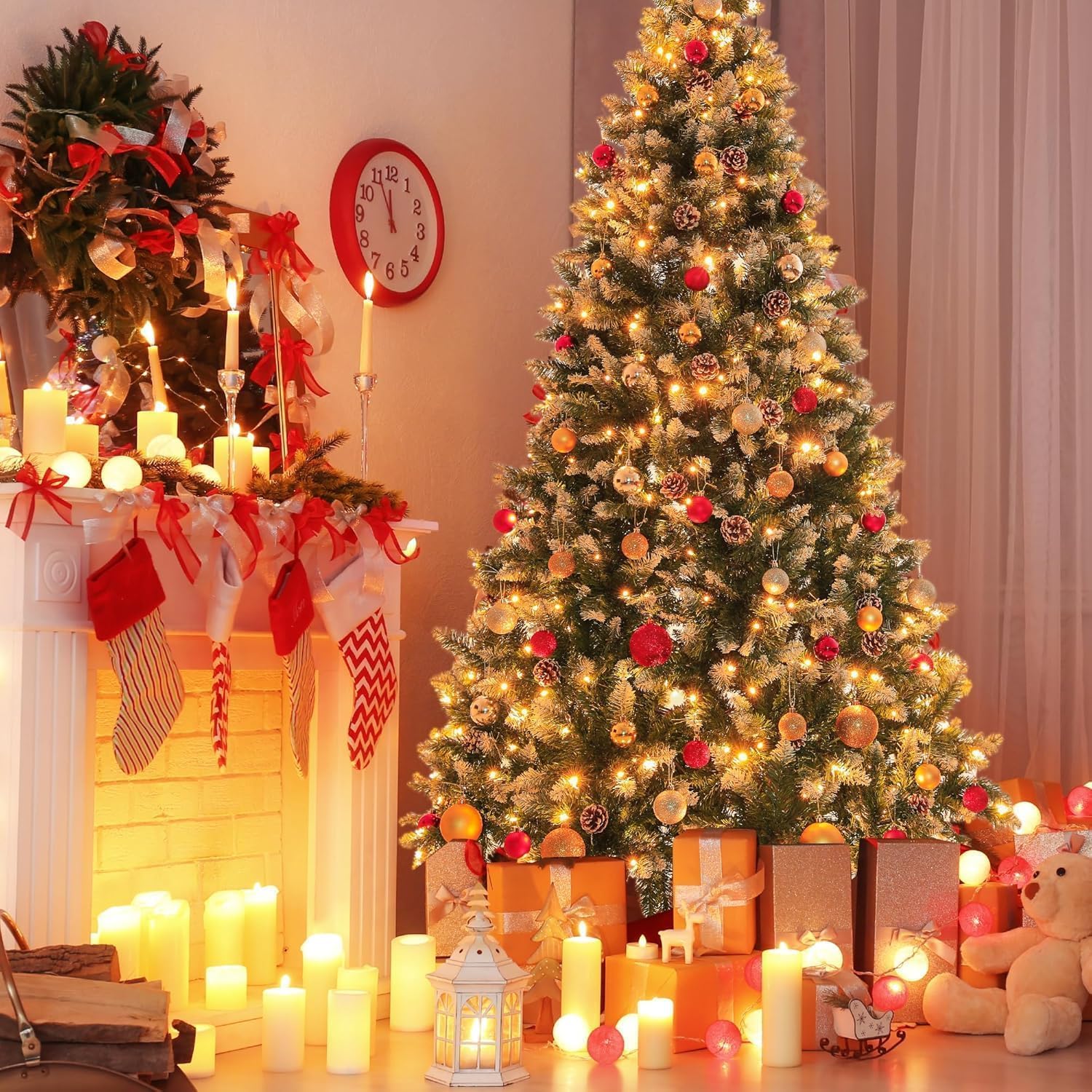 Qeetex 6 Ft Pre Decorated Christmas Tree with 1000 Tips, Partial Snow ...