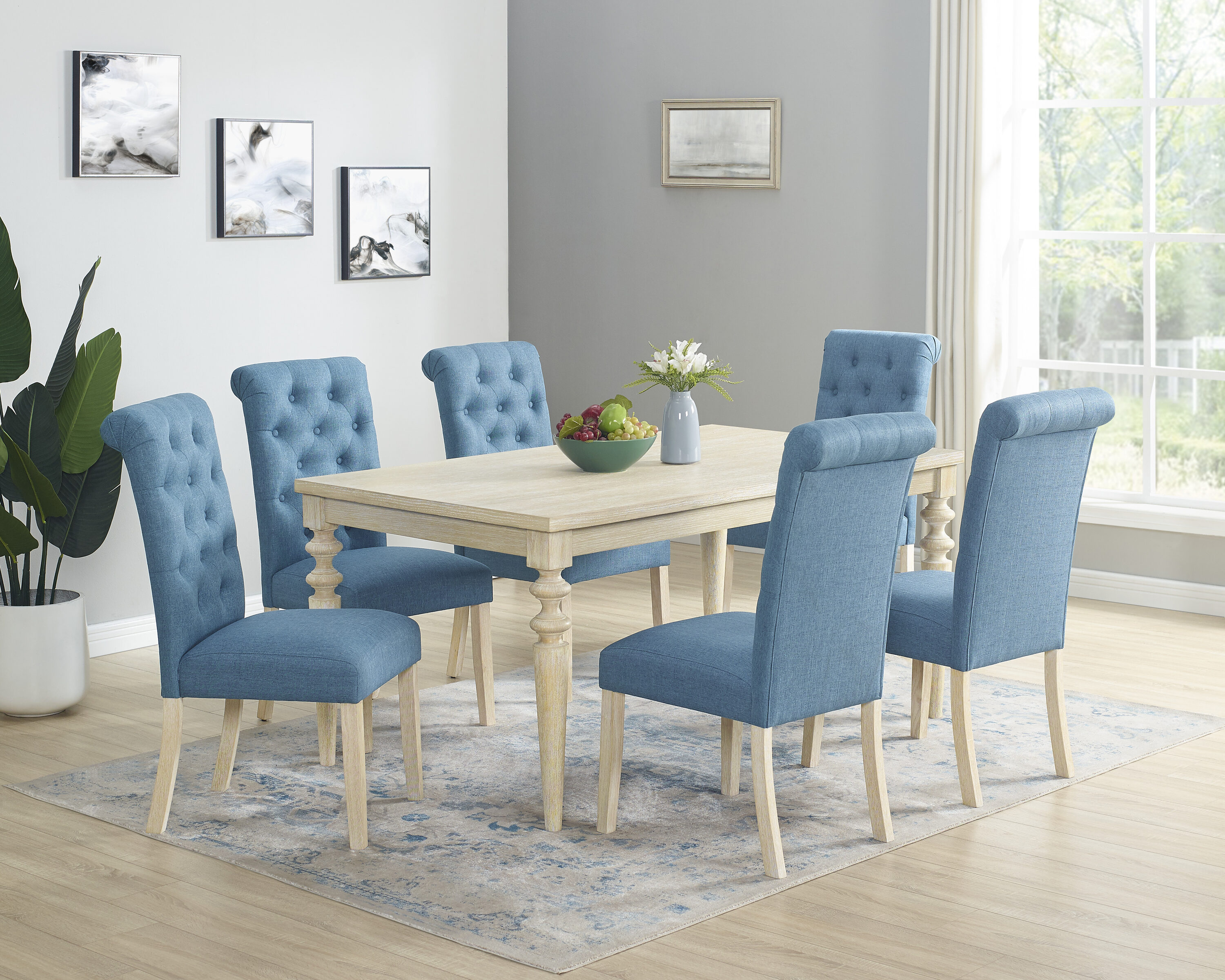 Tinyhomie 7-piece Dining Set Turned-Leg Dining Table with 6 Tufted ...