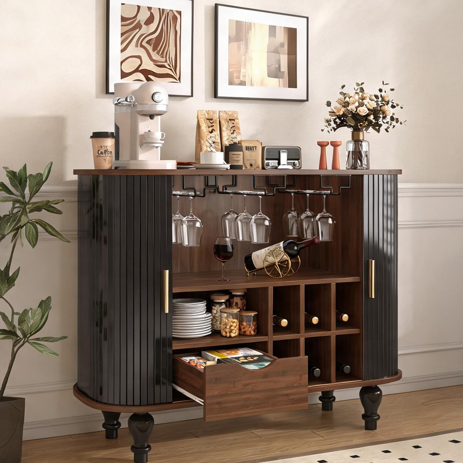 Watnature Mid-Century Modern Bar Cabinet with Fluted Texture and Hidden ...