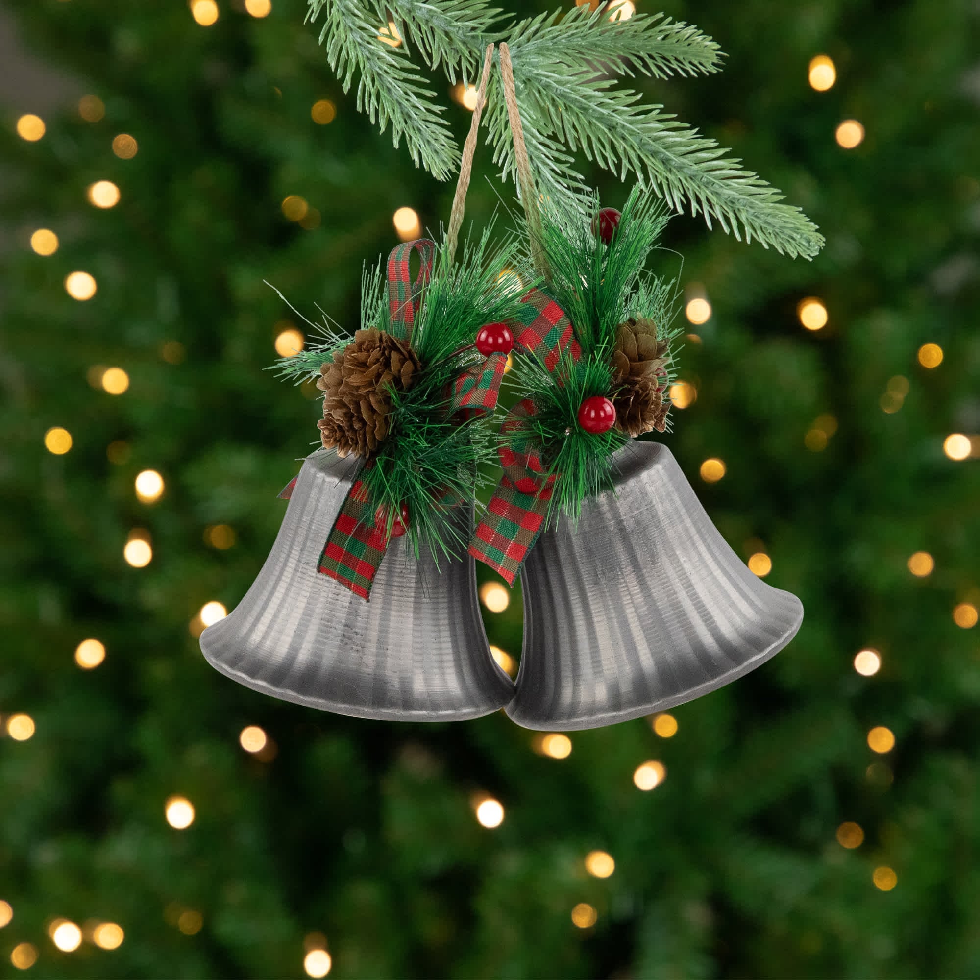 Northlight Bells with Pine Sprigs and Plaid Bow Christmas Ornaments - 7 ...