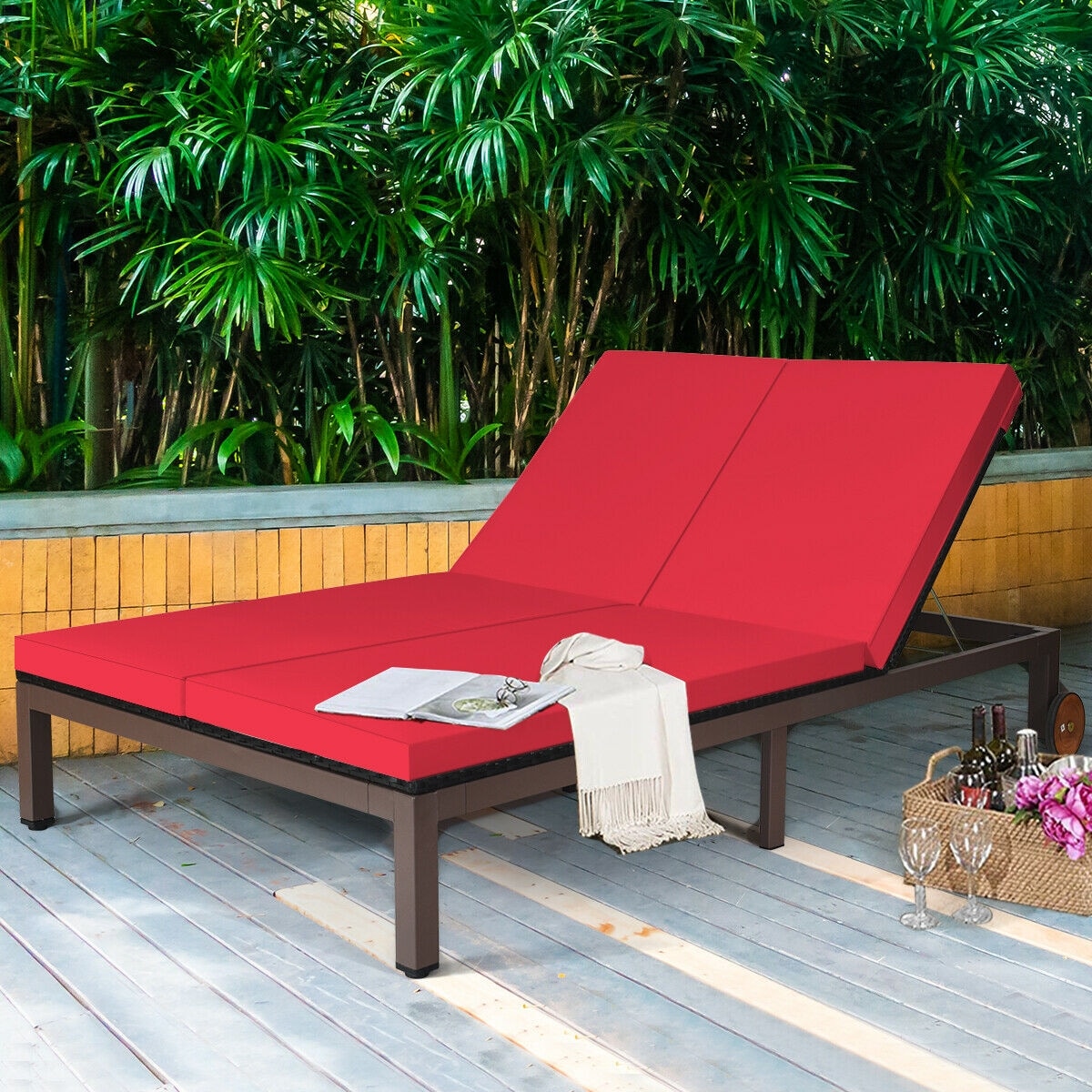 Forclover Ch Patio Daybed Outdoor Chaise Lounges Rattan Brown Steel Frame Spring Motion Chaise Lounge Chair with Red Cushioned Seat HYFC 8670BRE at Lowes