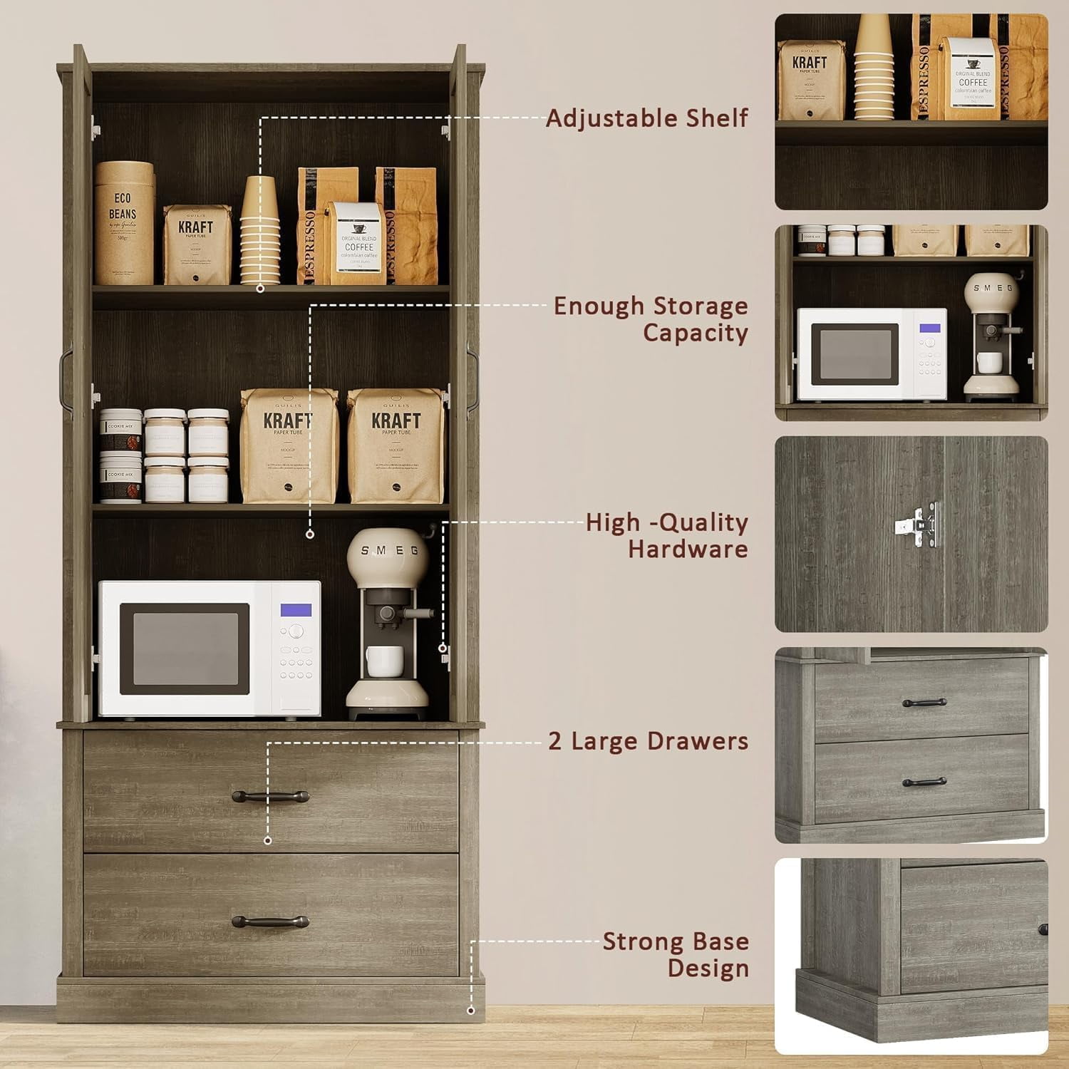 Garvee Farmhouse Kitchen Pantry Cabinet Wood Kitchen Cabinet with ...